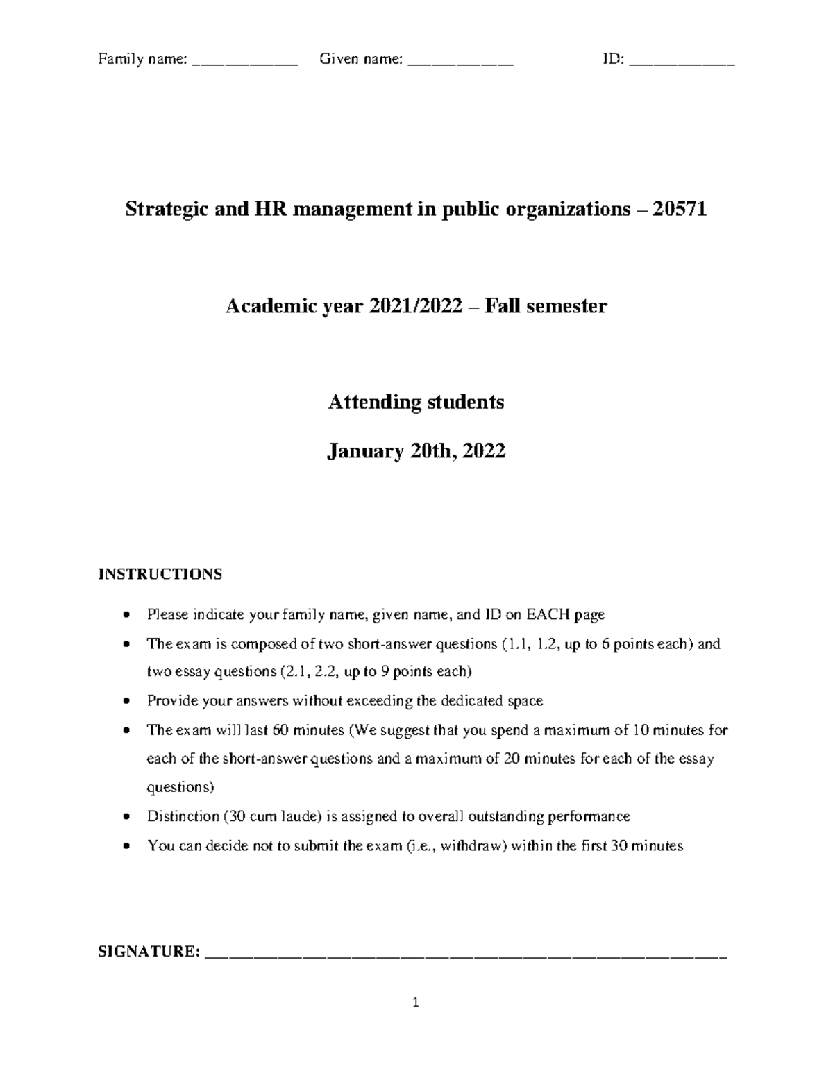Mock exam 2022 2023 - Mock exam for the exam as attending student ...