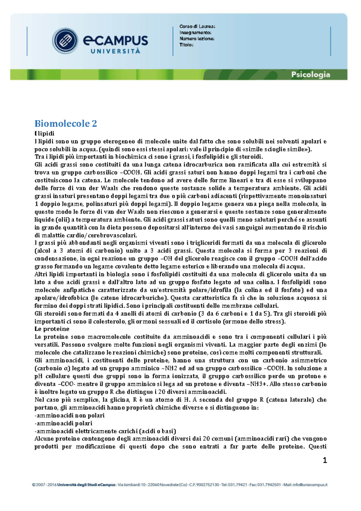 Lipidi, Proteine e Acidi Nucleidci - 1 Corso di Laurea: Insegnamento ...