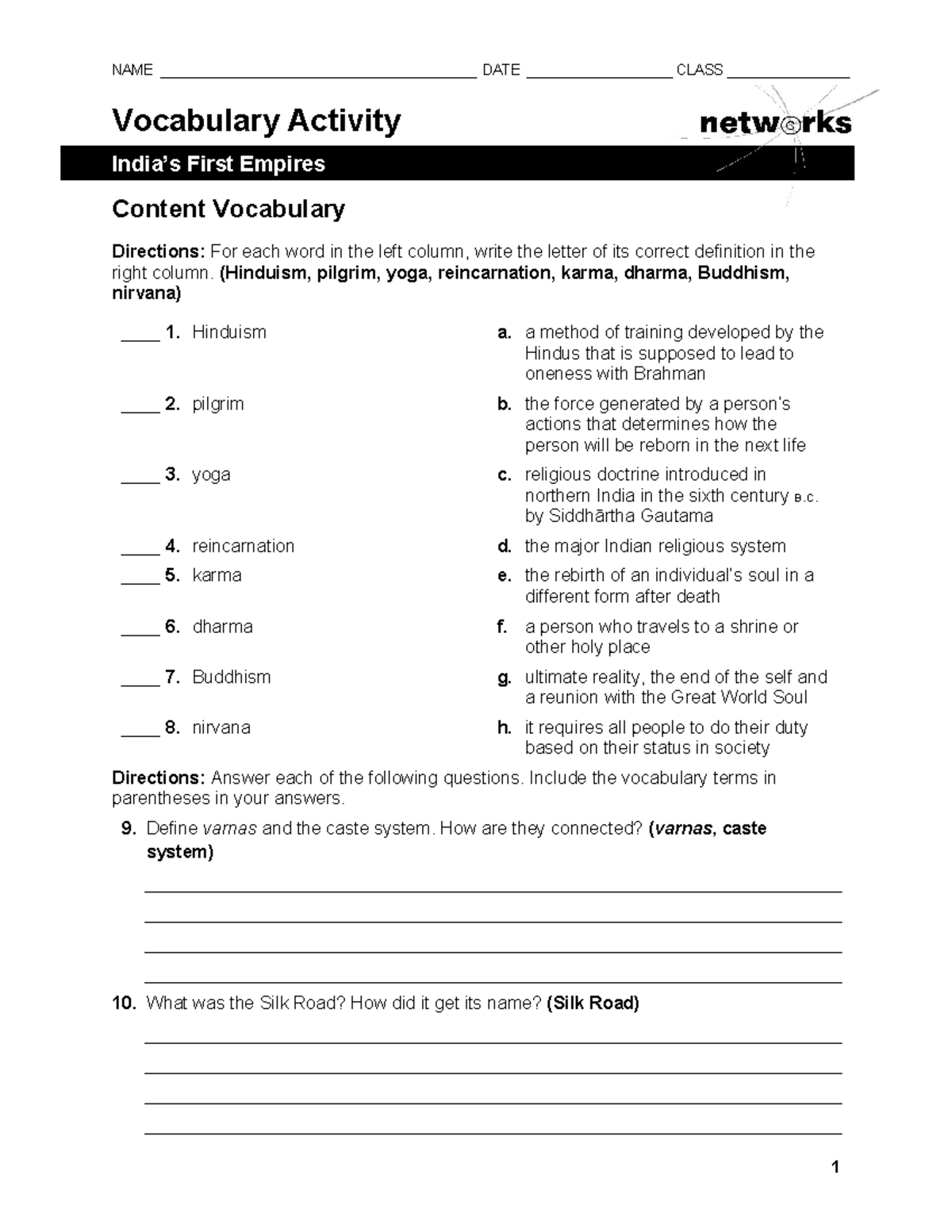 Indias first empires vocab and guided reading - Vocabulary Activity ...