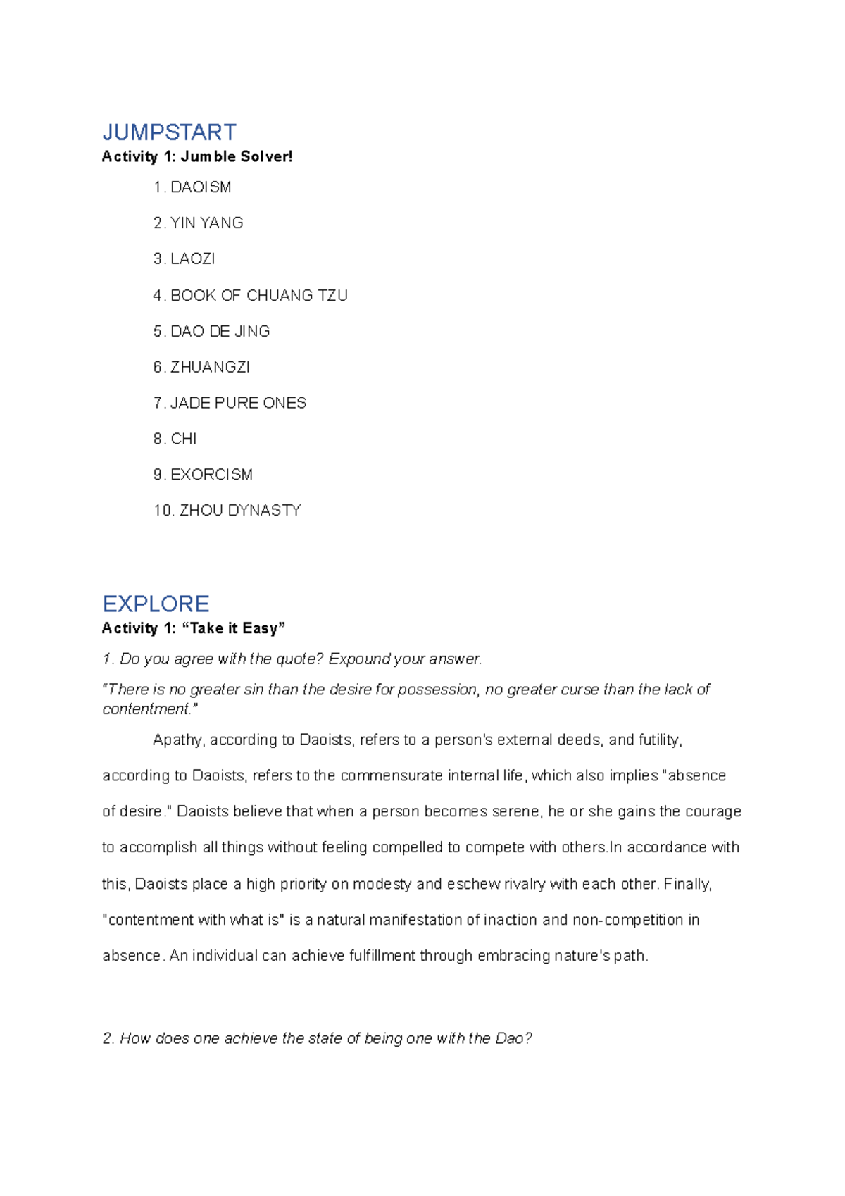 Iwrbs 13 Taoism - For wrbs module - JUMPSTART Activity 1: Jumble Solver ...