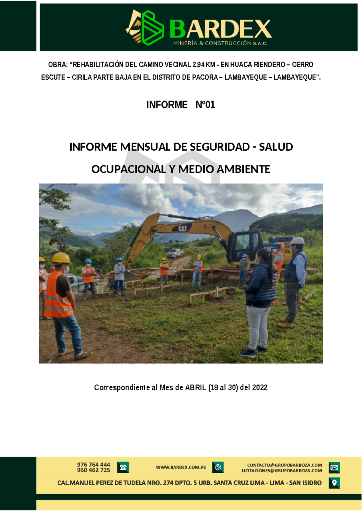 Informe Mensual SST - OBRA: “REHABILITACIÓN DEL CAMINO VECINAL 2 KM ...