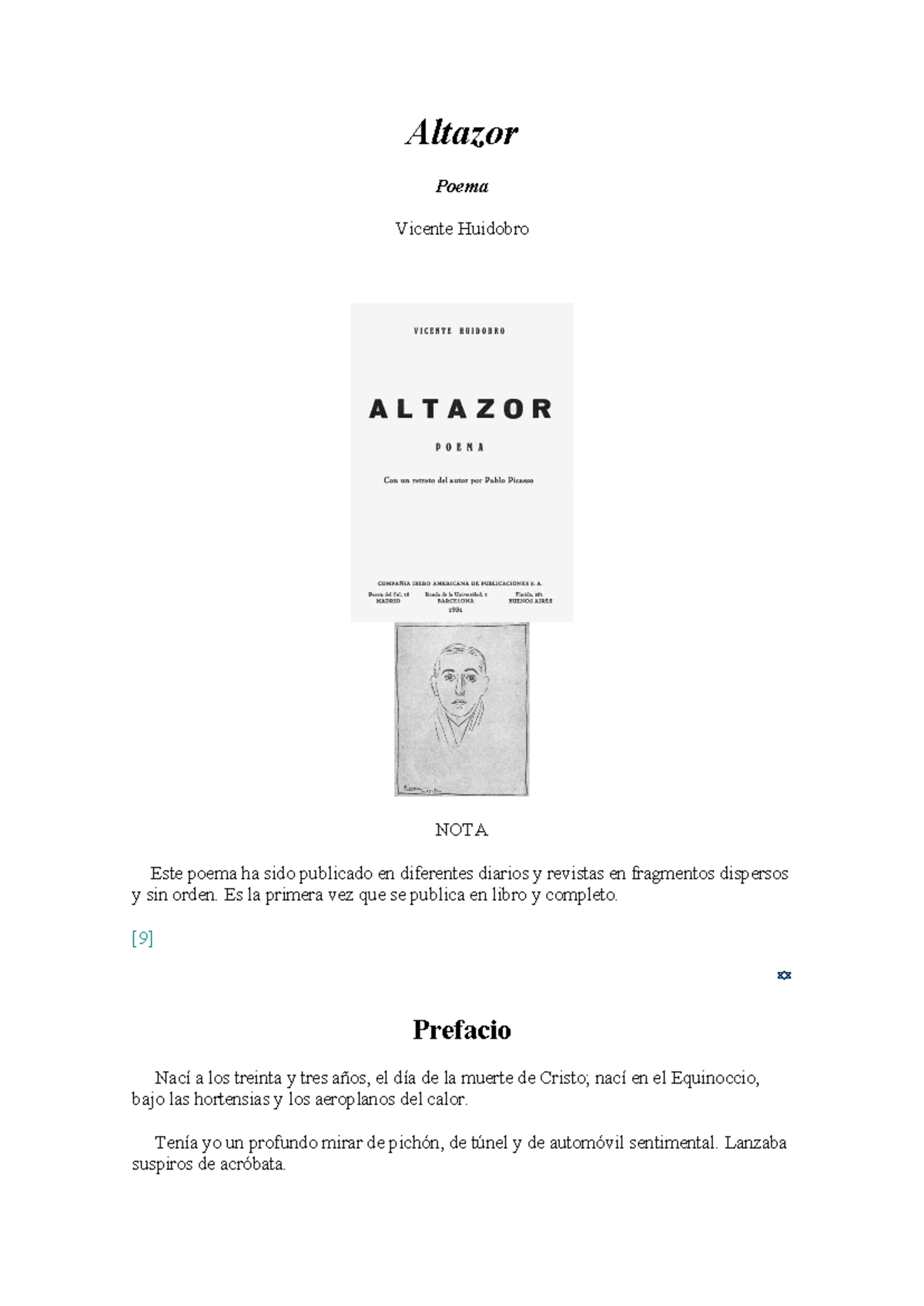 Altazor - lectura complementaria - Altazor Poema Vicente Huidobro NOTA ...