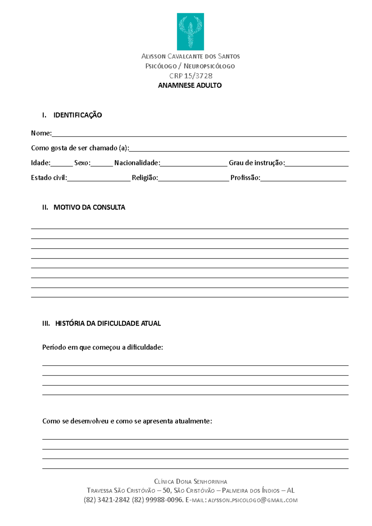 Anamnese Adulto - ddd - PSICÓLOGO / NEUROPSICÓLOGO CRP 15/ ANAMNESE ...
