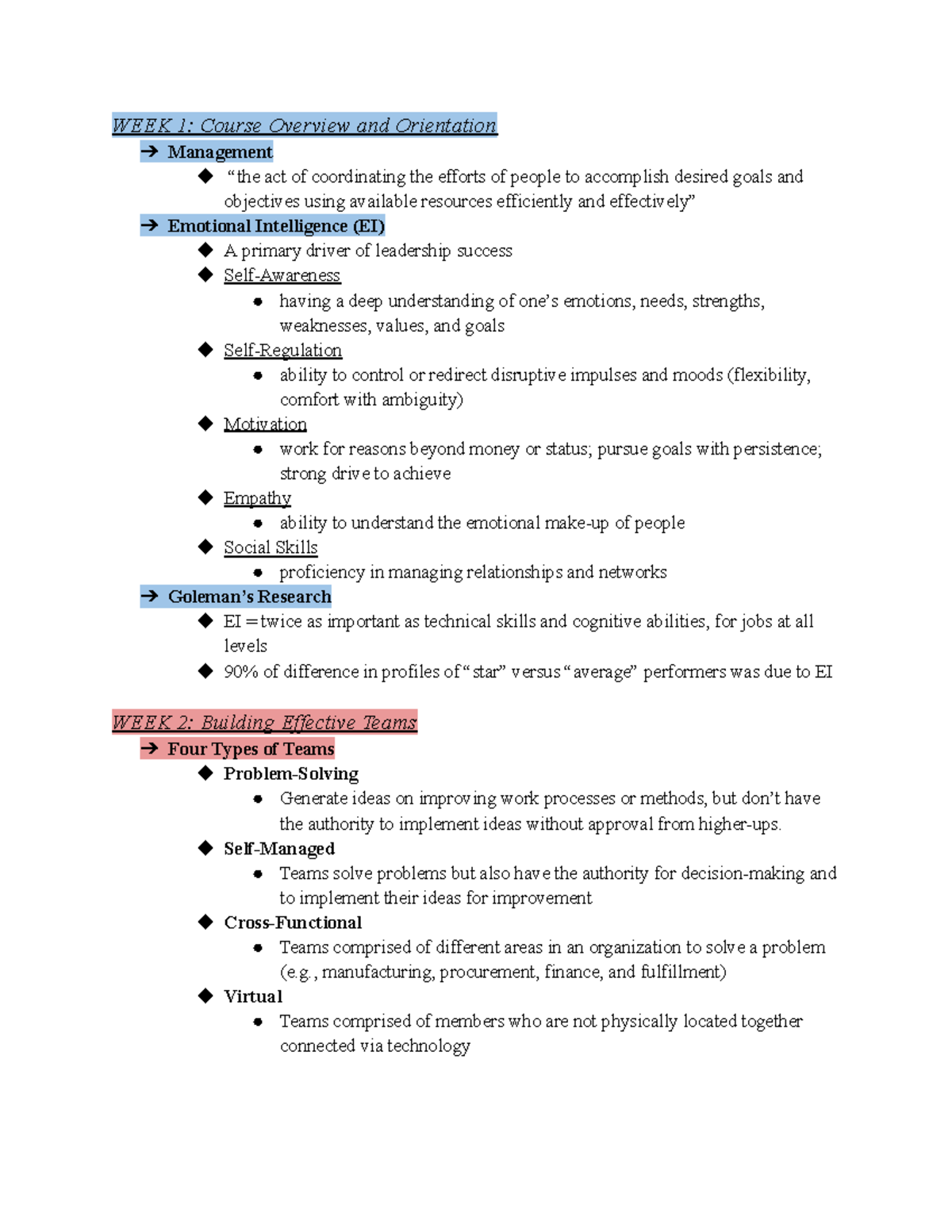 Managment Skills Notes Pt 1 - WEEK 1: Course Overview and Orientation ...