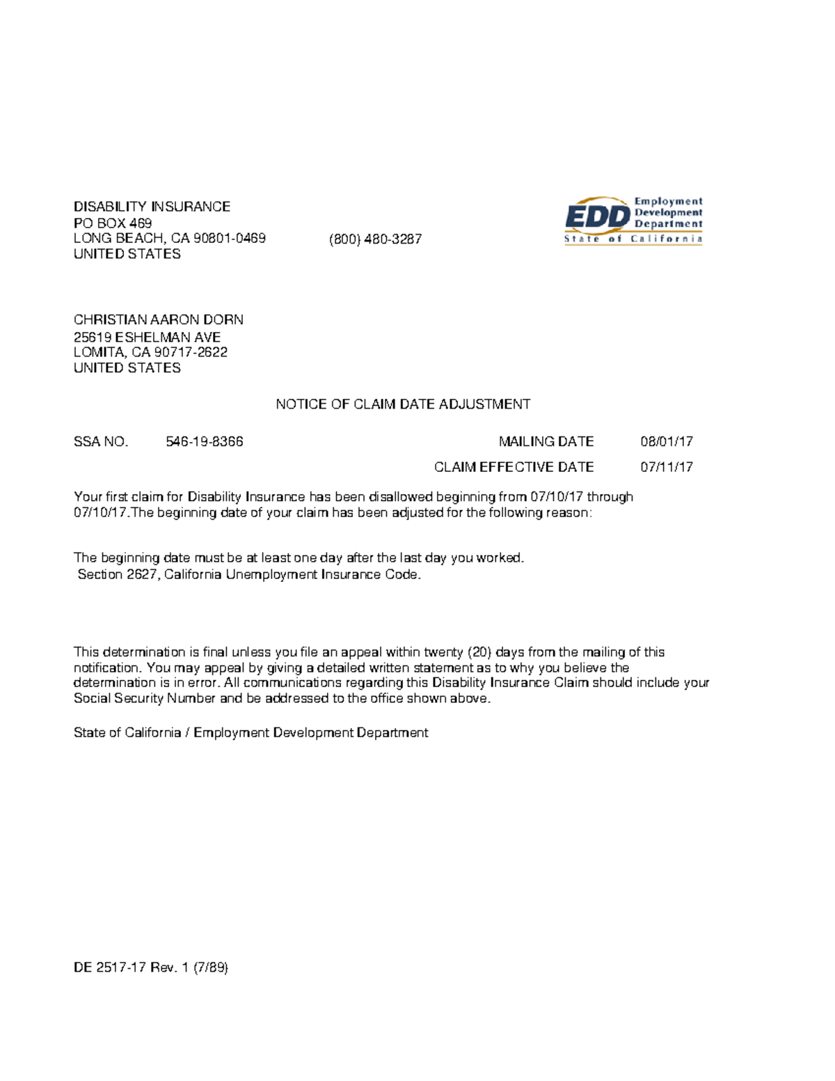 DE2517 - here - NOTICE OF CLAIM DATE ADJUSTMENT The beginning date must ...