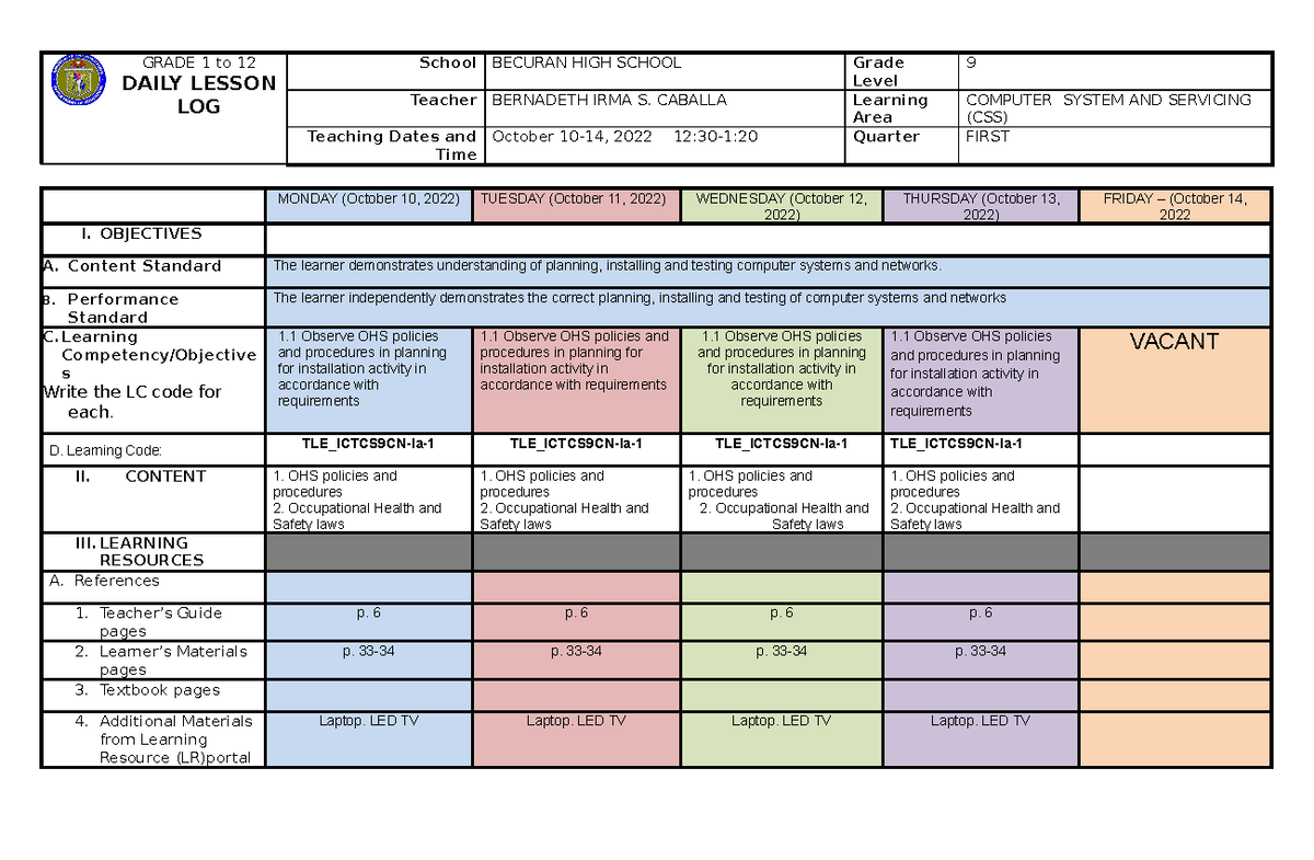 DLL ICT 9 1ST Quarter WEEK 7 - GRADE 1 to 12 DAILY LESSON LOG School ...
