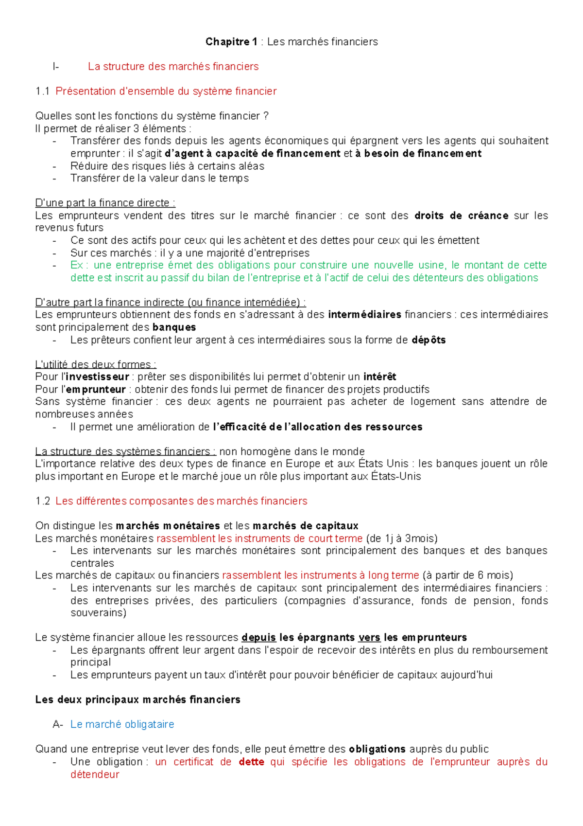 Chapitre 1 - note de cours - Chapitre 1 : Les marchés financiers I- La ...