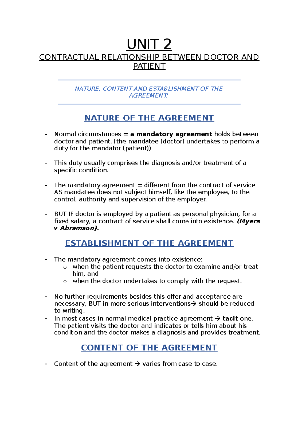UNIT 2 - CONTRACTUAL RELATIONAHIP BETWEEN DOCTOR AND PATIENT - UNIT 2 ...