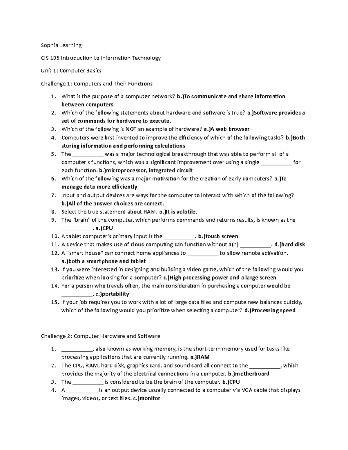 Introduction to Information Technology Unit 1 Challenge Questions ...