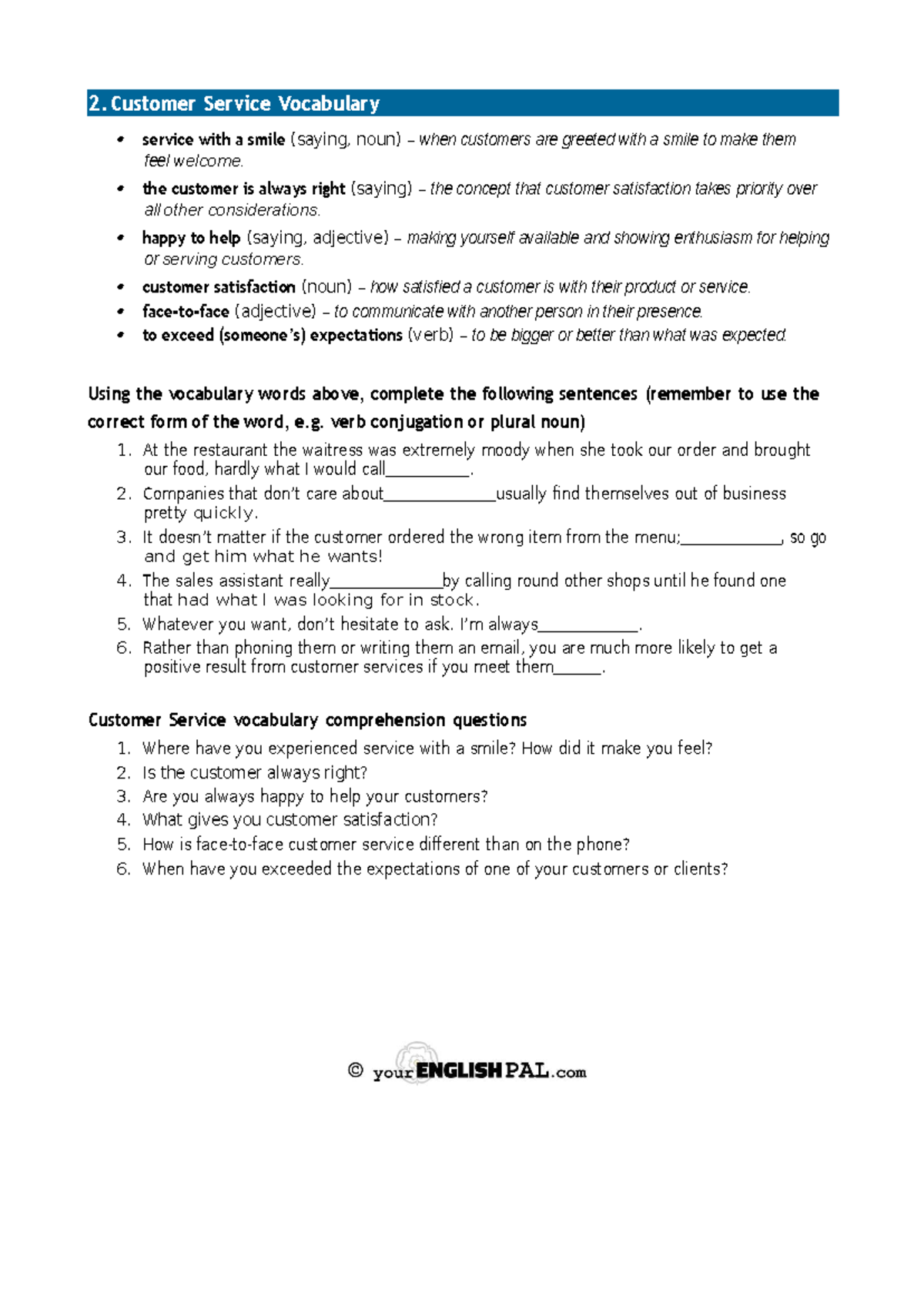 Your English Pal Business English Lesson Plan Customer Service Student ...