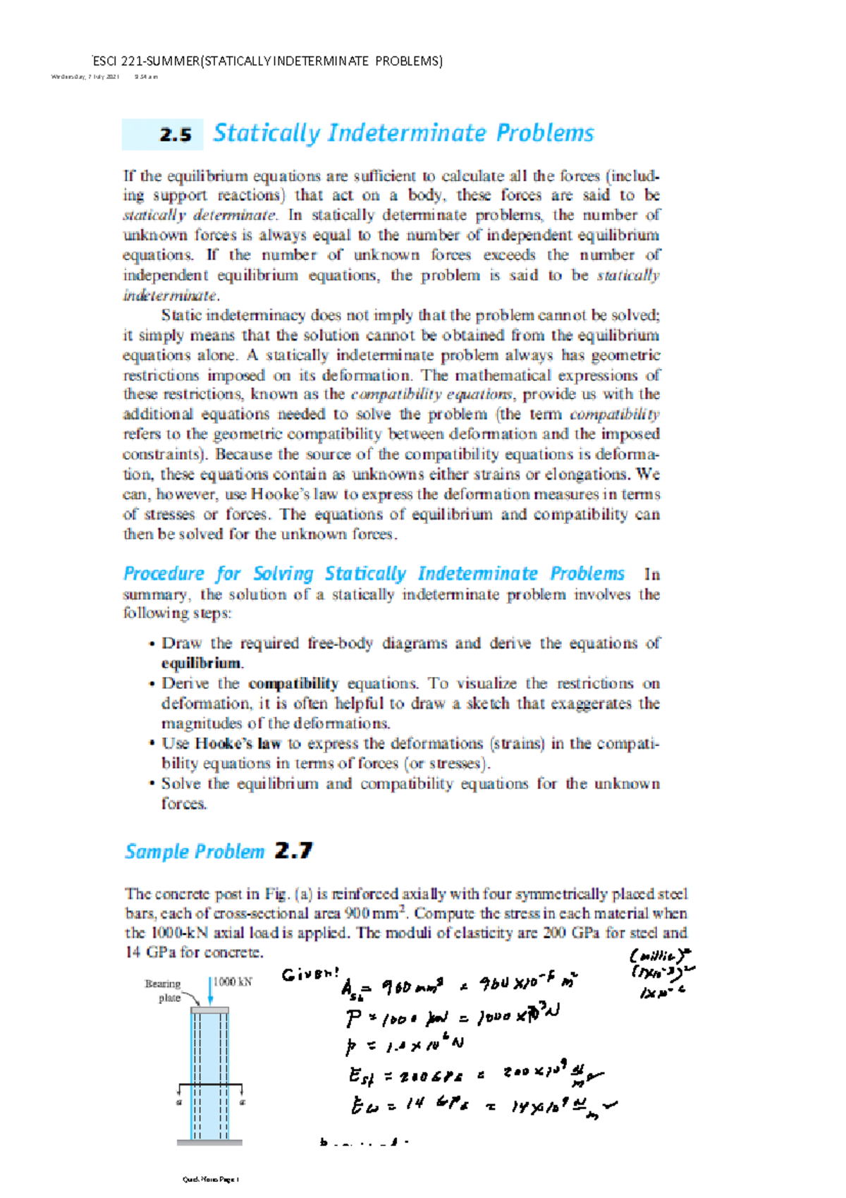 ESCI 221- Summer( Statically Indeterminate Problems) - Civil Engineering - ESCI - Studocu