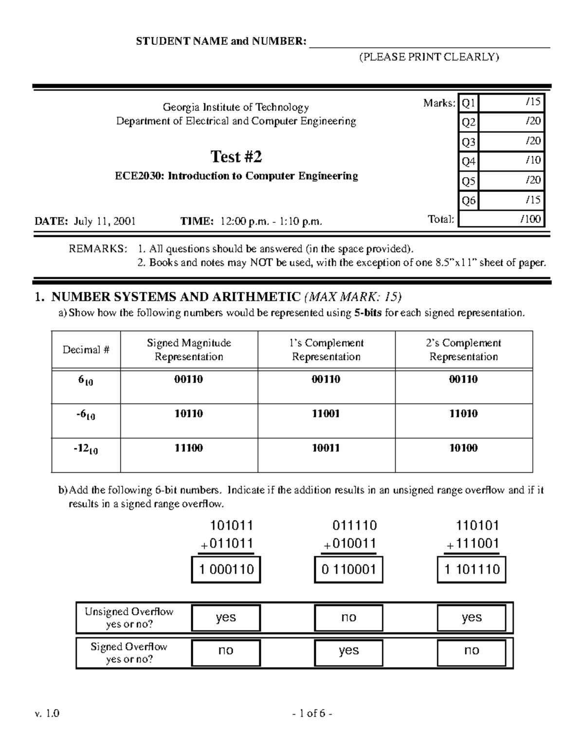 Su01-rd-s2 - Exam Solutions - STUDENT NAME and NUMBER: (PLEASE PRINT ...
