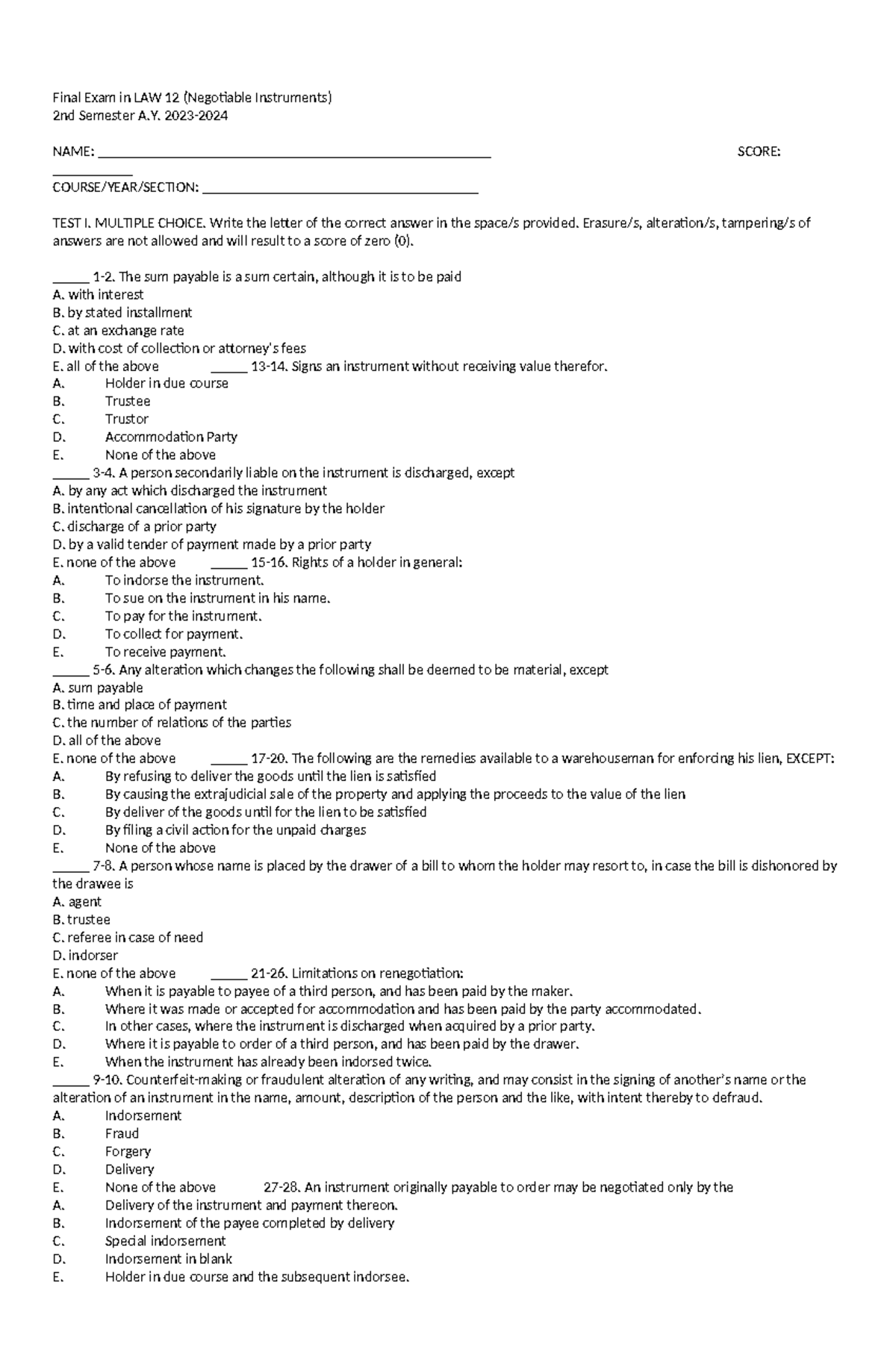 Final Exam in LAW 12 - 2023- NAME