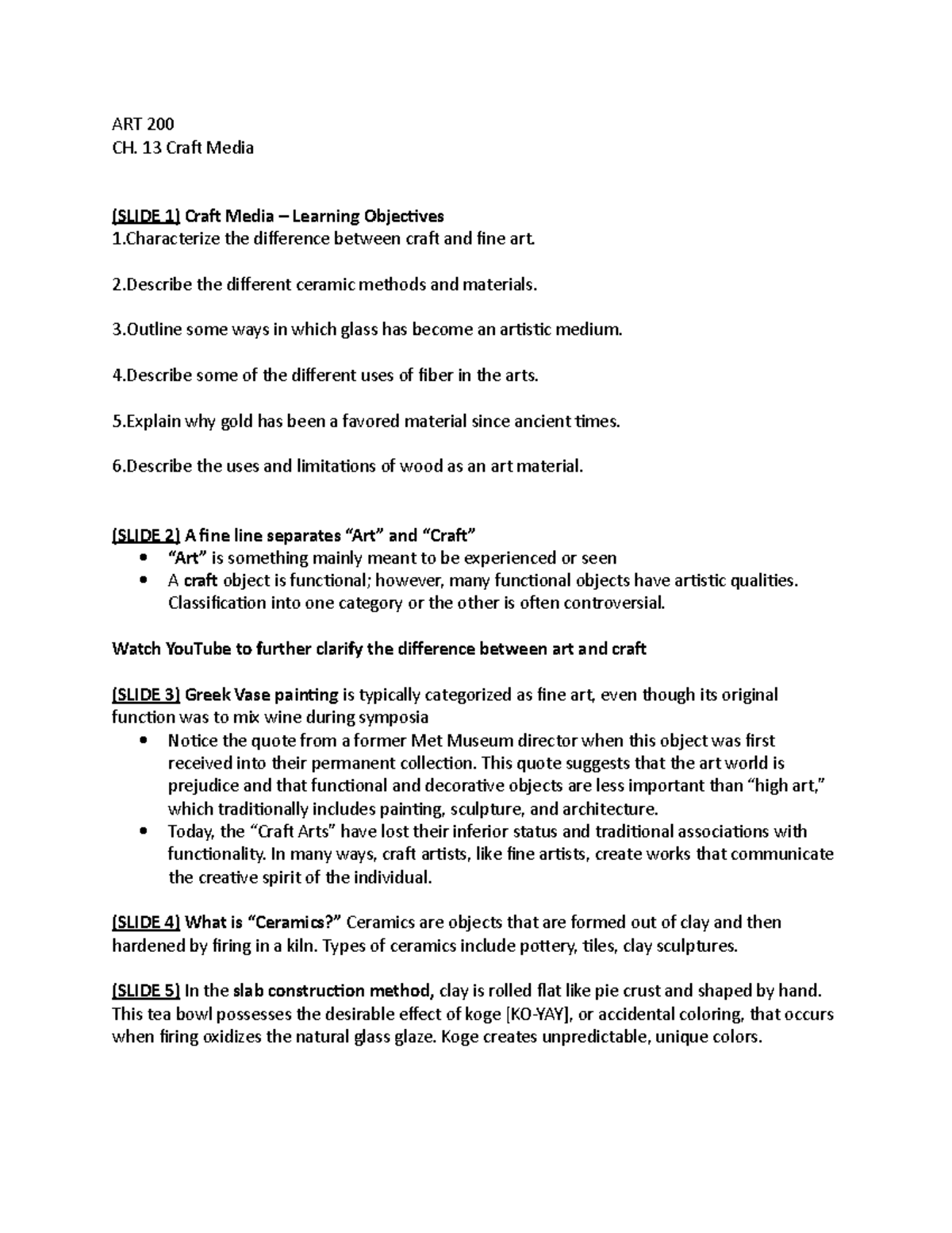 CH. 13 Craft - transcript of chapter 13 lecture - ART 200 CH. 13 Craft ...