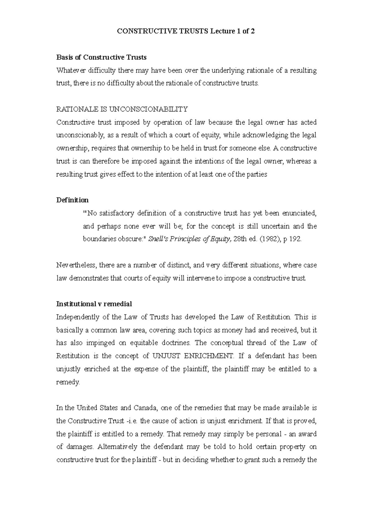 H' Const 1 - Constructive Trusts - CONSTRUCTIVE TRUSTS Lecture 1 of 2 Basis of Constructive ...