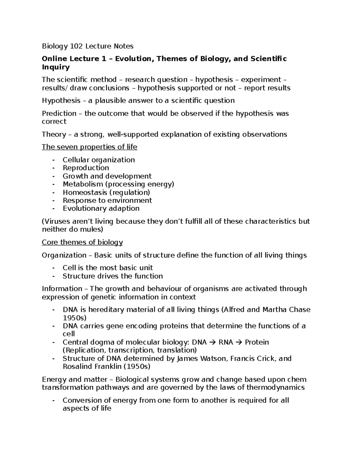 Biology Lecture Notes 1 - Biology 102 Lecture Notes Online Lecture 1 ...