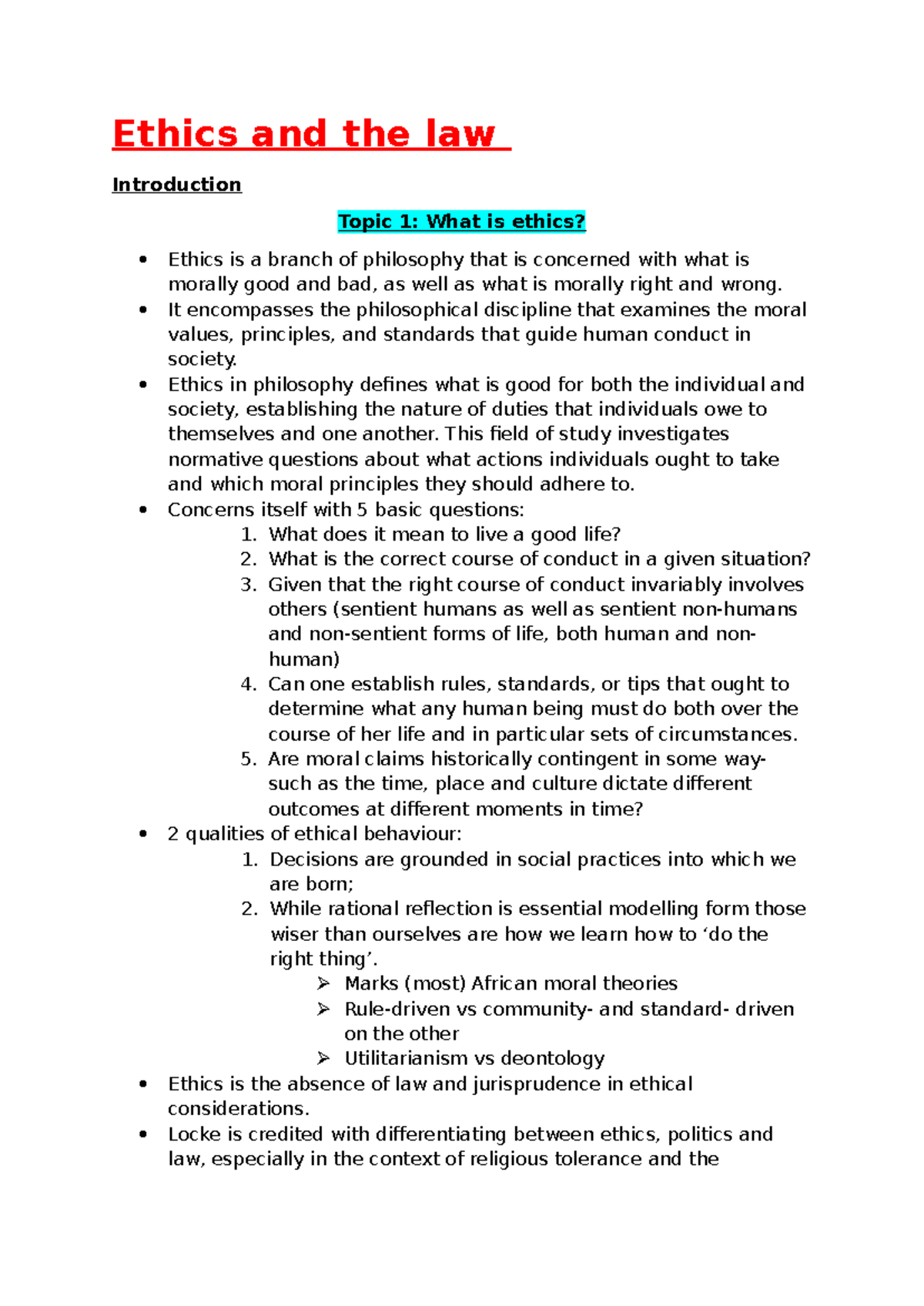 Ethics and the law class notes final - Ethics and the law Introduction ...