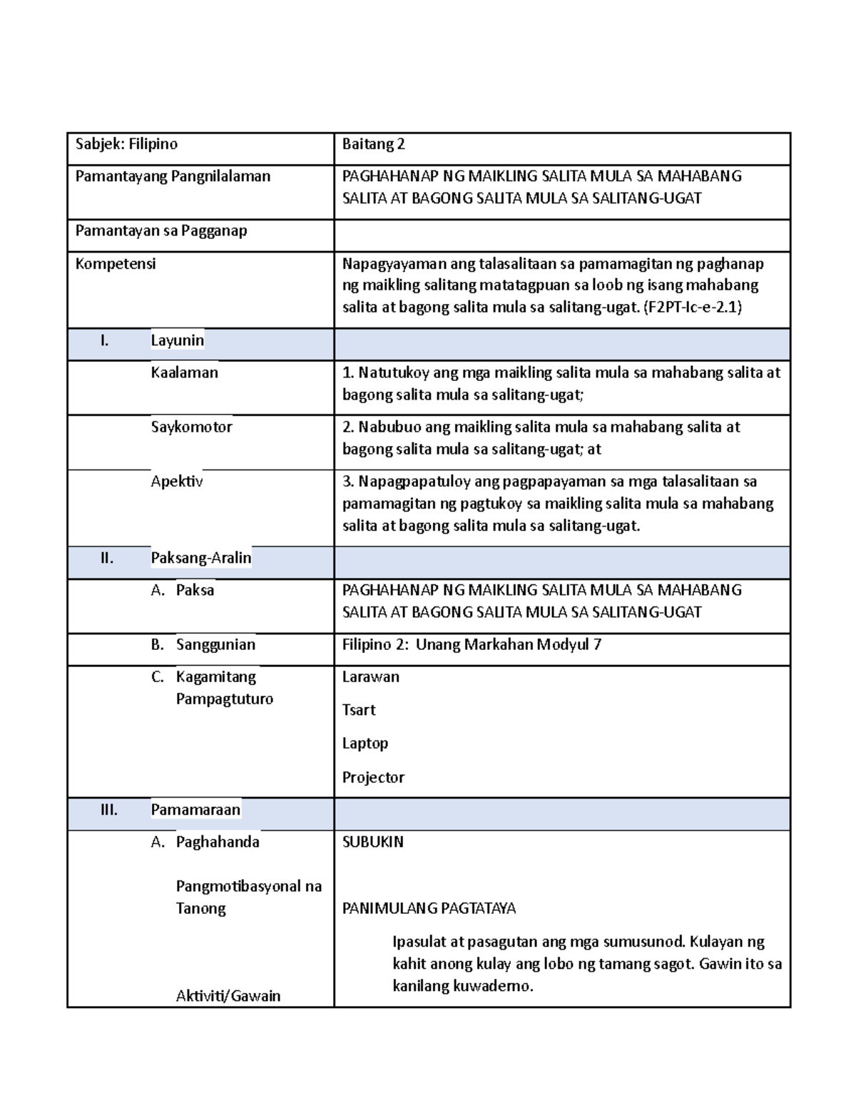 Filipino 2 Unang Markahan Modyul 7 - Sabjek: Filipino Baitang 2 Pamantayang Pangnilalaman ...