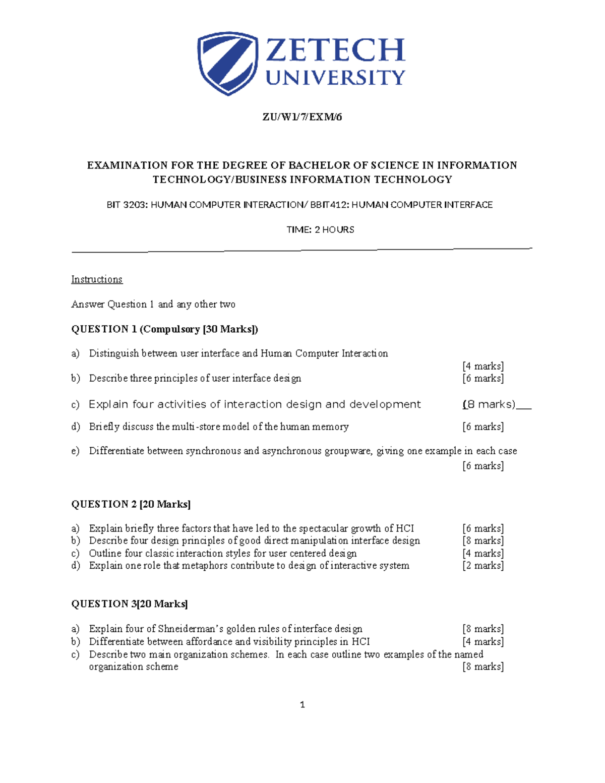 PAST Paper - HCI - EXAM - Helpful - ZU/W1/7/EXM/ EXAMINATION FOR THE ...