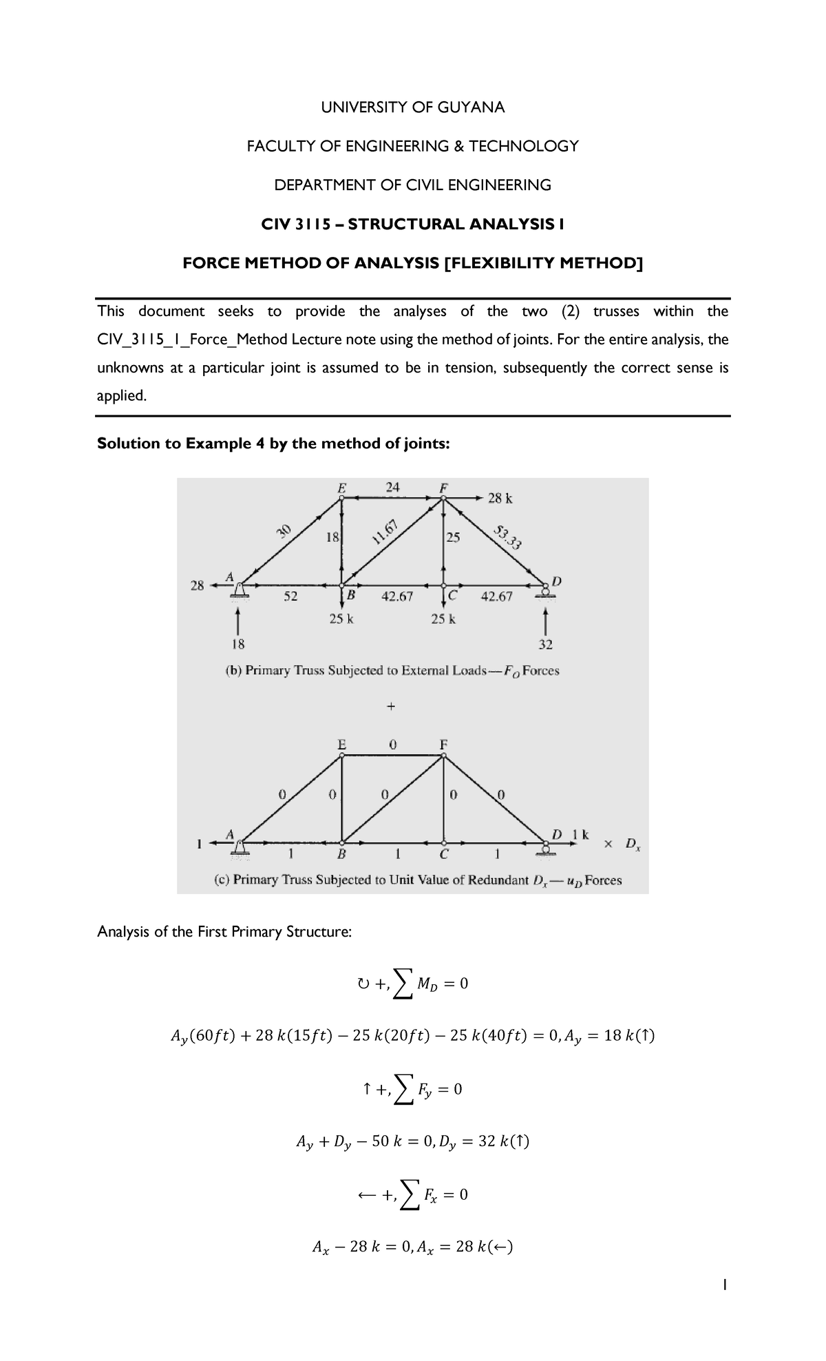 Analysis of Truss - UNIVERSITY OF GUYANA FACULTY OF ENGINEERING ...