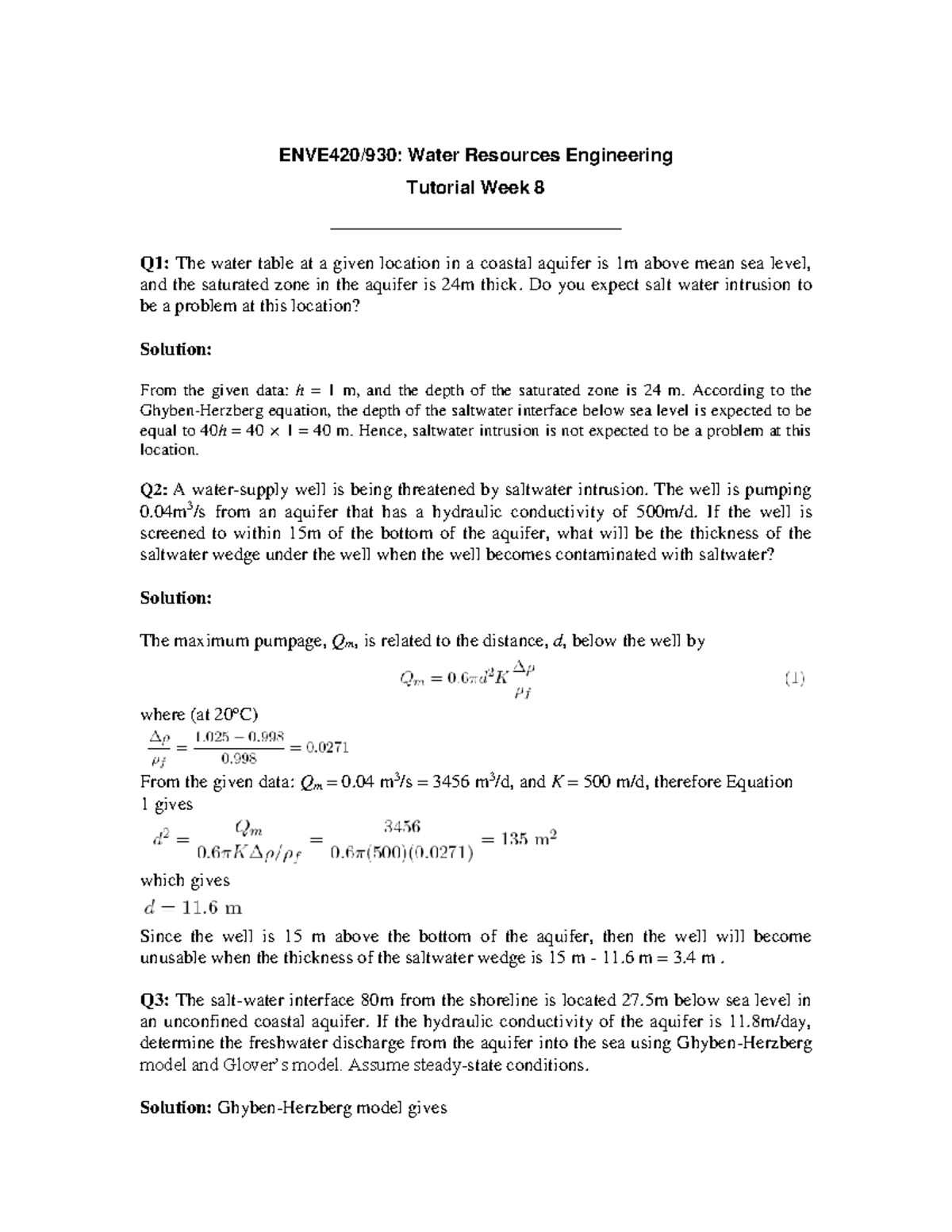 Week 8 Tutorial QA - 2021 - ENVE420/930: Water Resources Engineering ... Week 8 Tutorial QA - 2021 - ENVE420/930: Water Resources Engineering ...