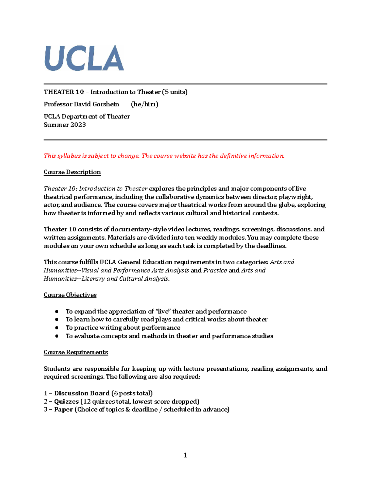 Theater 10 Syllabus Summer 2023 - THEATER 10 – Introduction to Theater ...