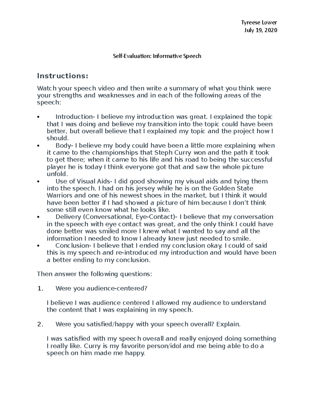 Self-evaluation- informative - Tyreese Lower July 19, 2020 Self ...