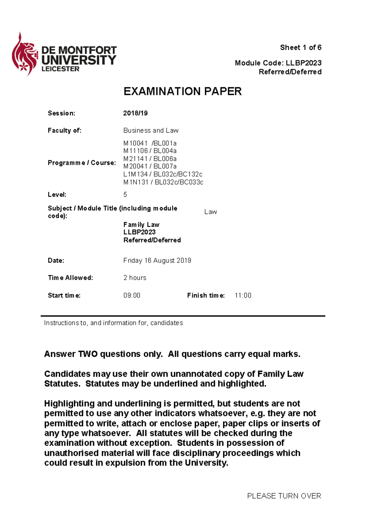 LLBP2023 2019 Resit Exam - Module Code: LLBP Referred/Deferred ...