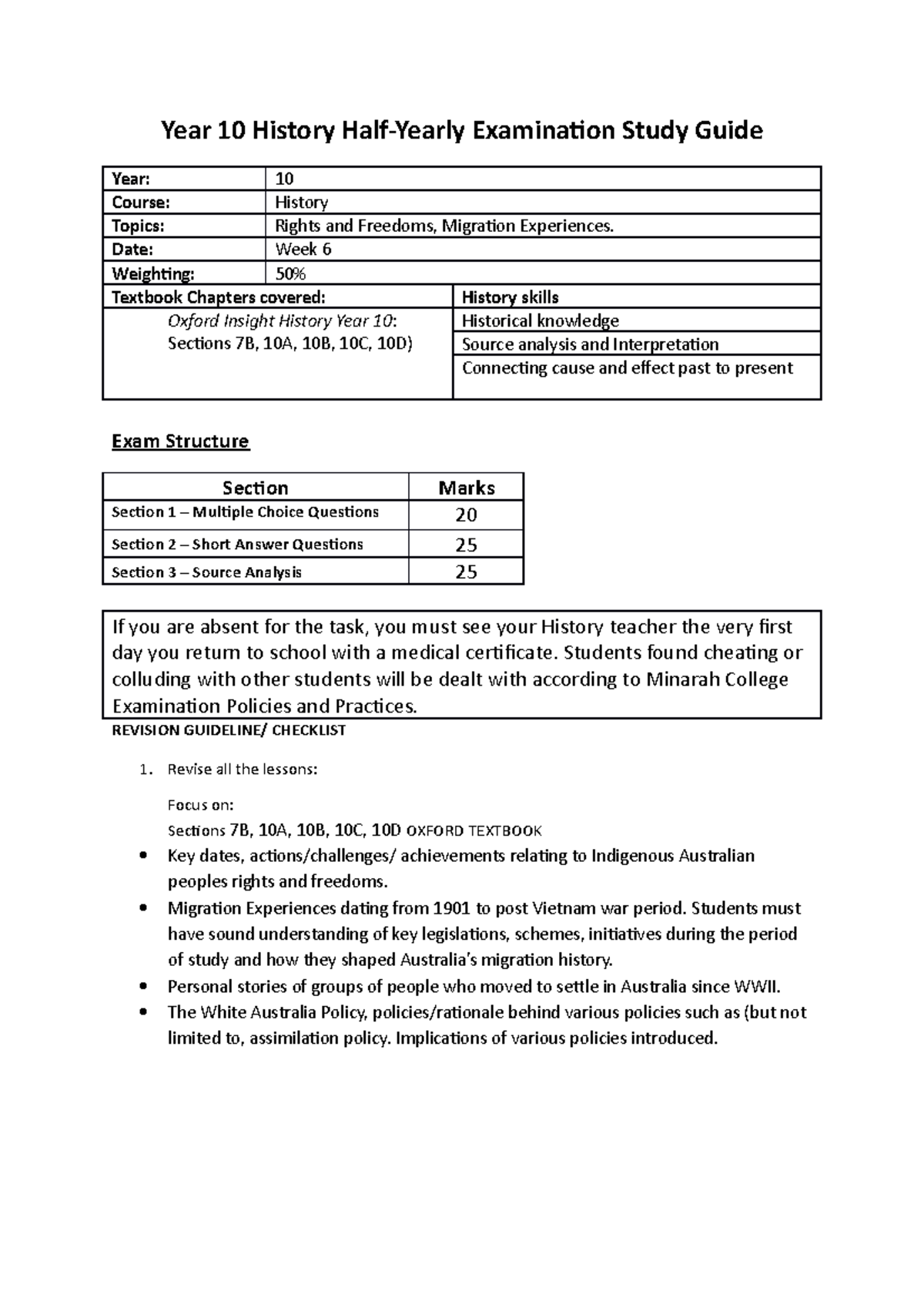 2022 Y10 Yearly Study Guide - Year 10 History Half-Yearly Examination ...