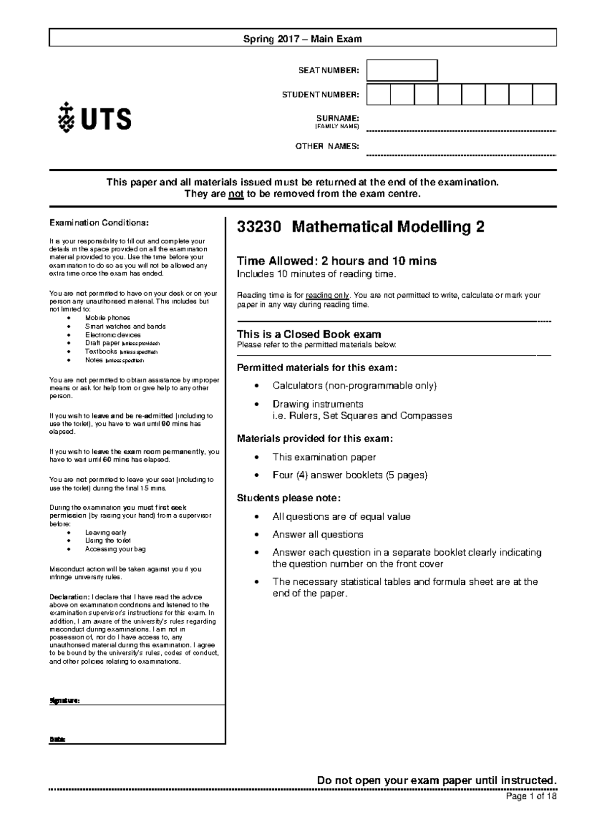 33230 Spring 2017 - Mathematical modelling 2 final exam (2017). - Do ...