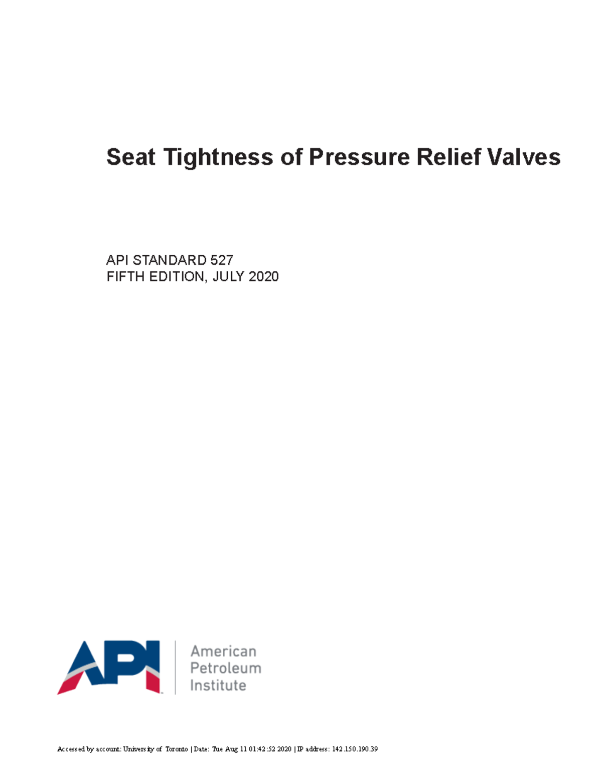 API 527 Seat Tightness of PRV - Seat Tightness of Pressure Relief Valves API STANDARD 527 FIFTH ...
