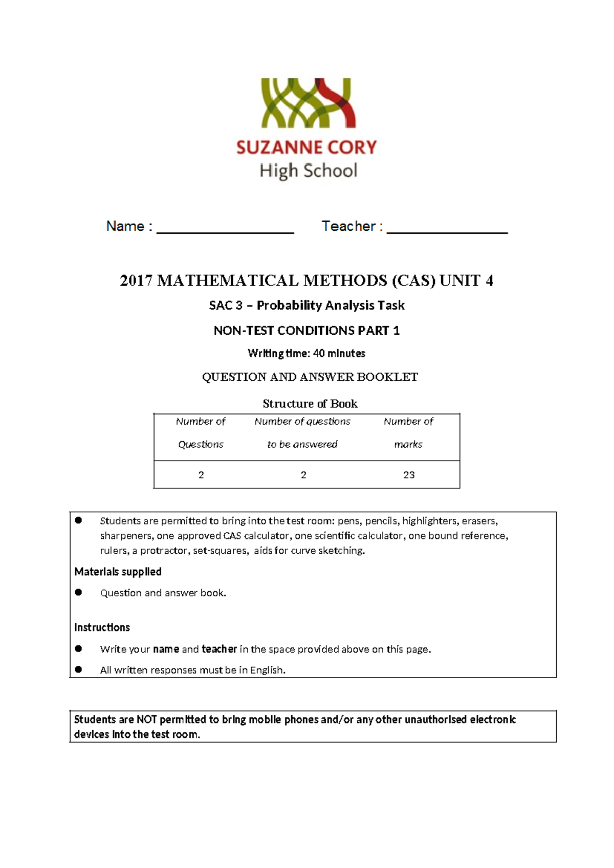 2017 MM34 Probability SAC - 2017 MATHEMATICAL METHODS (CAS) UNIT 4 SAC ...