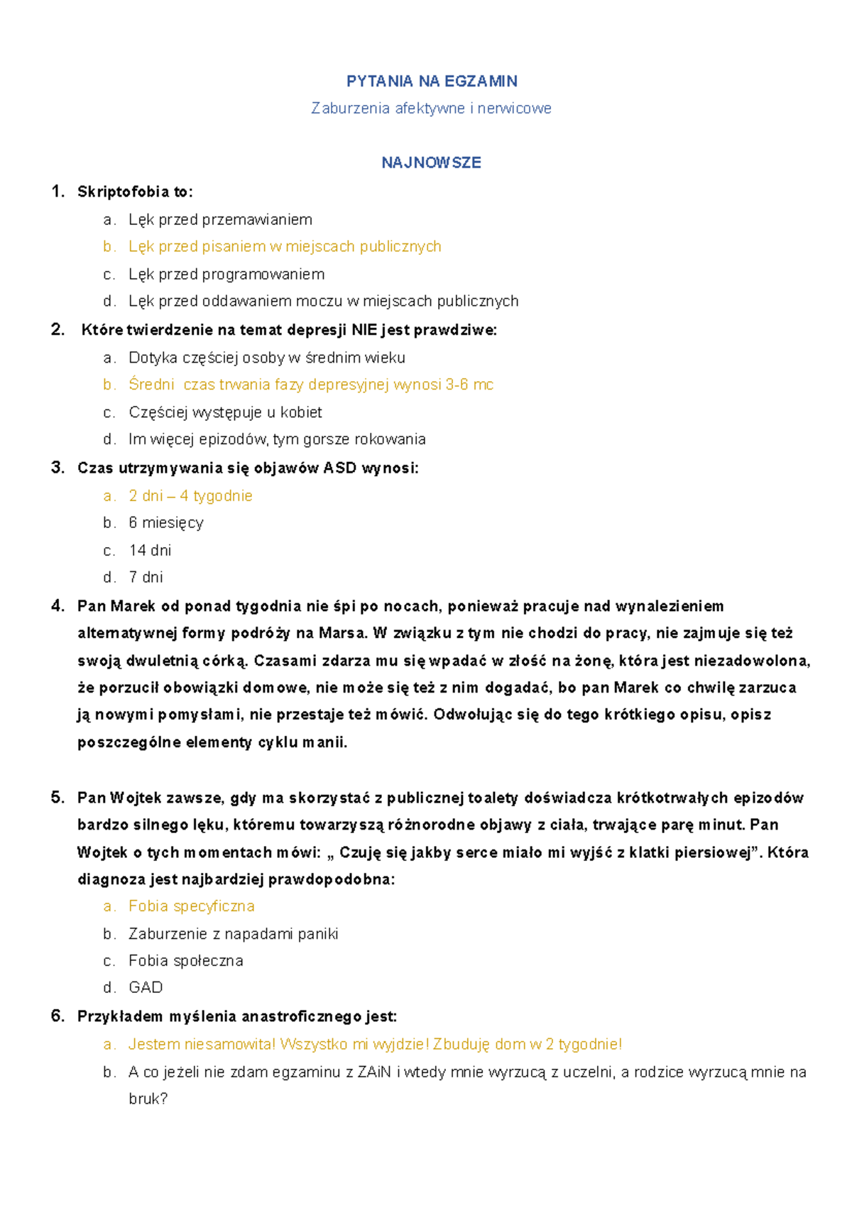 Test-nr - Pytania z modułu Zaburzenia Afektywne i Nerwicowe cz.4 Dr.KS ...
