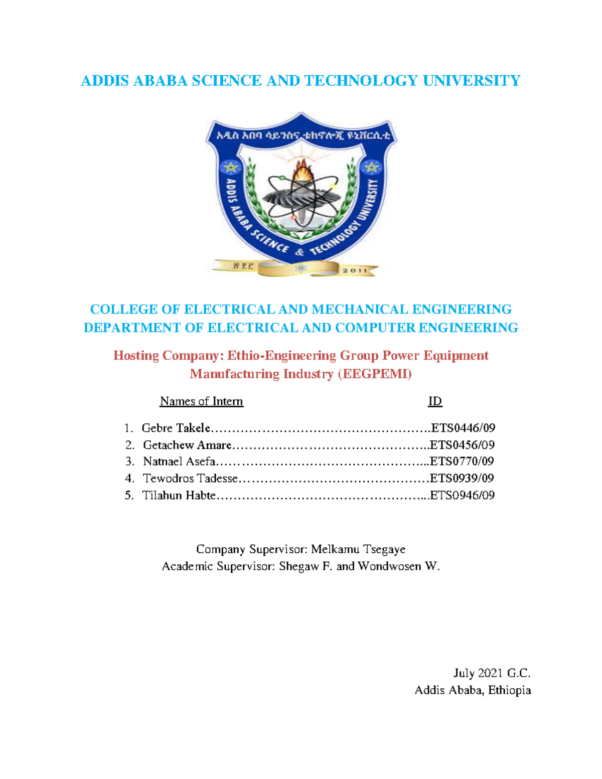 Internship report and project.pdf - ADDIS ABABA SCIENCE AND TECHNOLOGY ...
