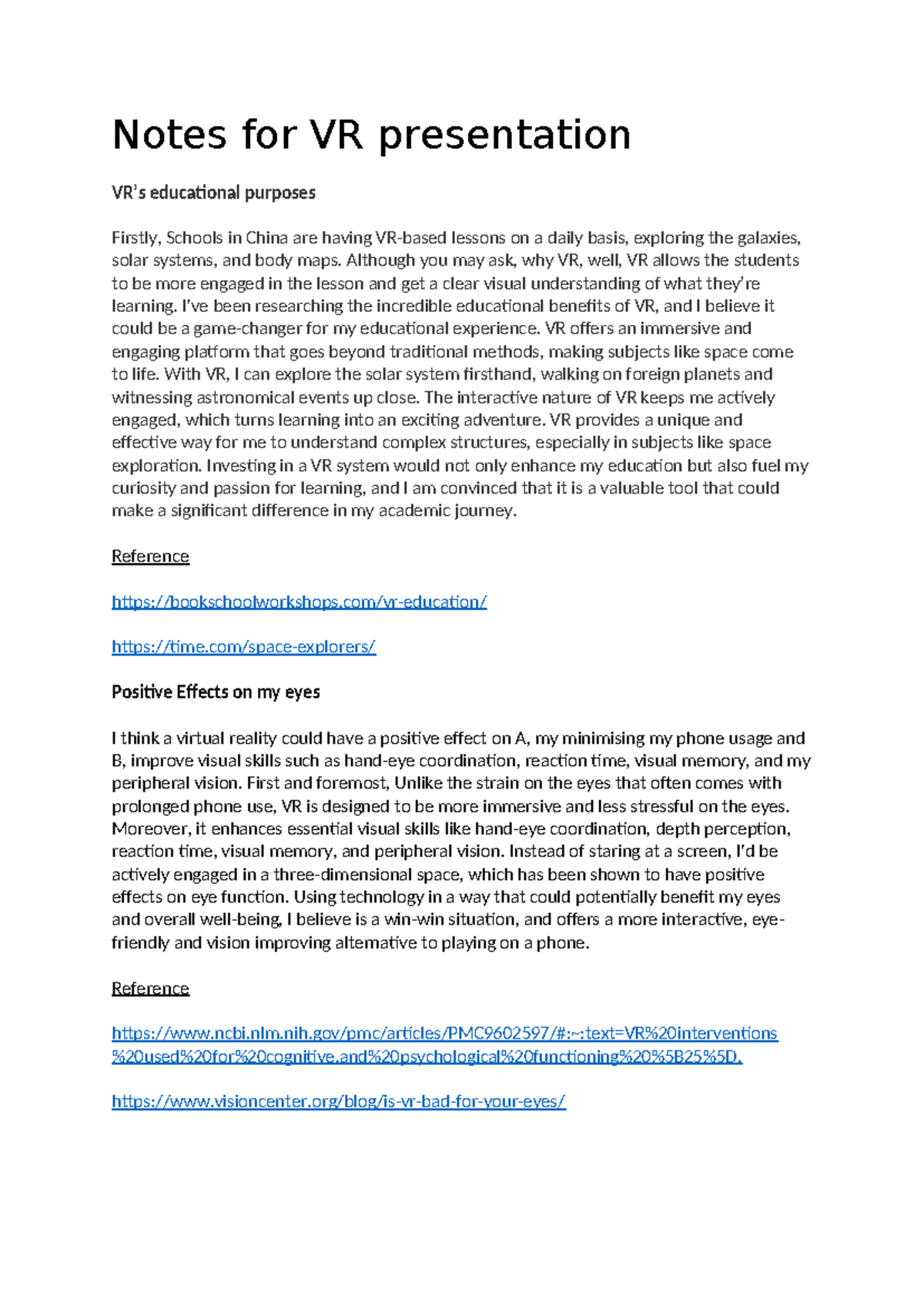 Notes for VR presentation - Notes for VR presentation VR’s educational ...