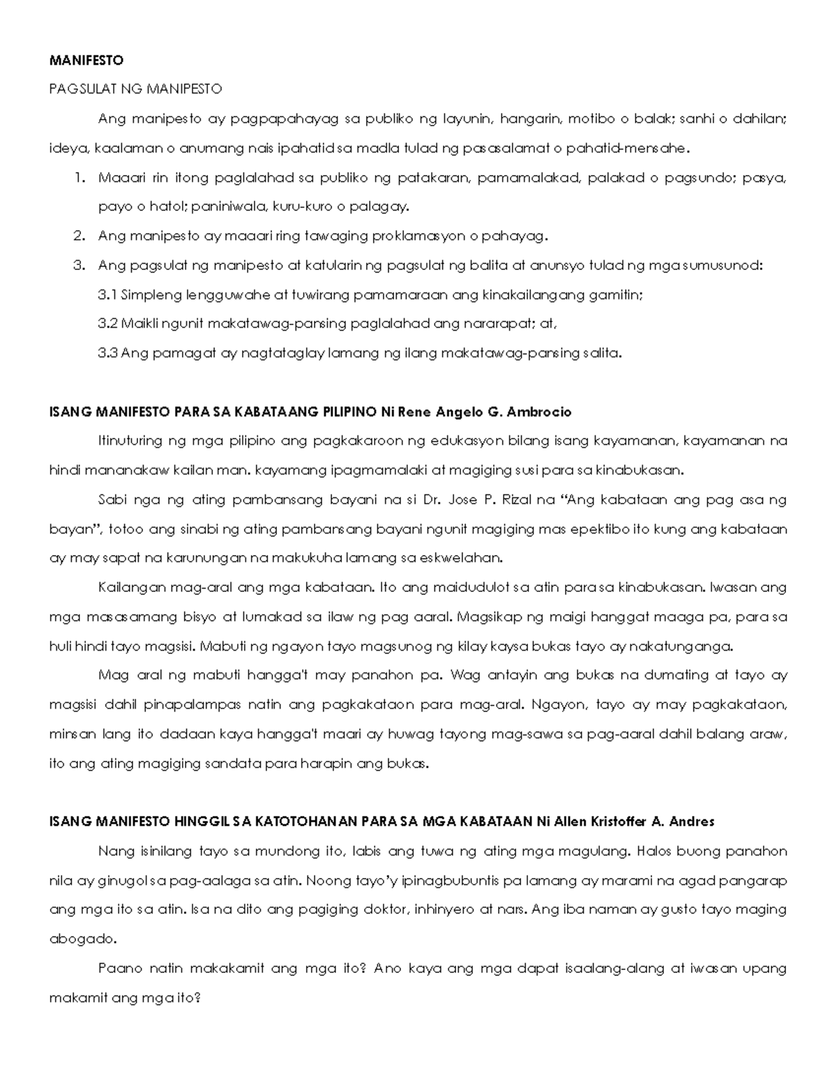 Fildis Midterms Lesson 5 - MANIFESTO PAGSULAT NG MANIPESTO Ang ...