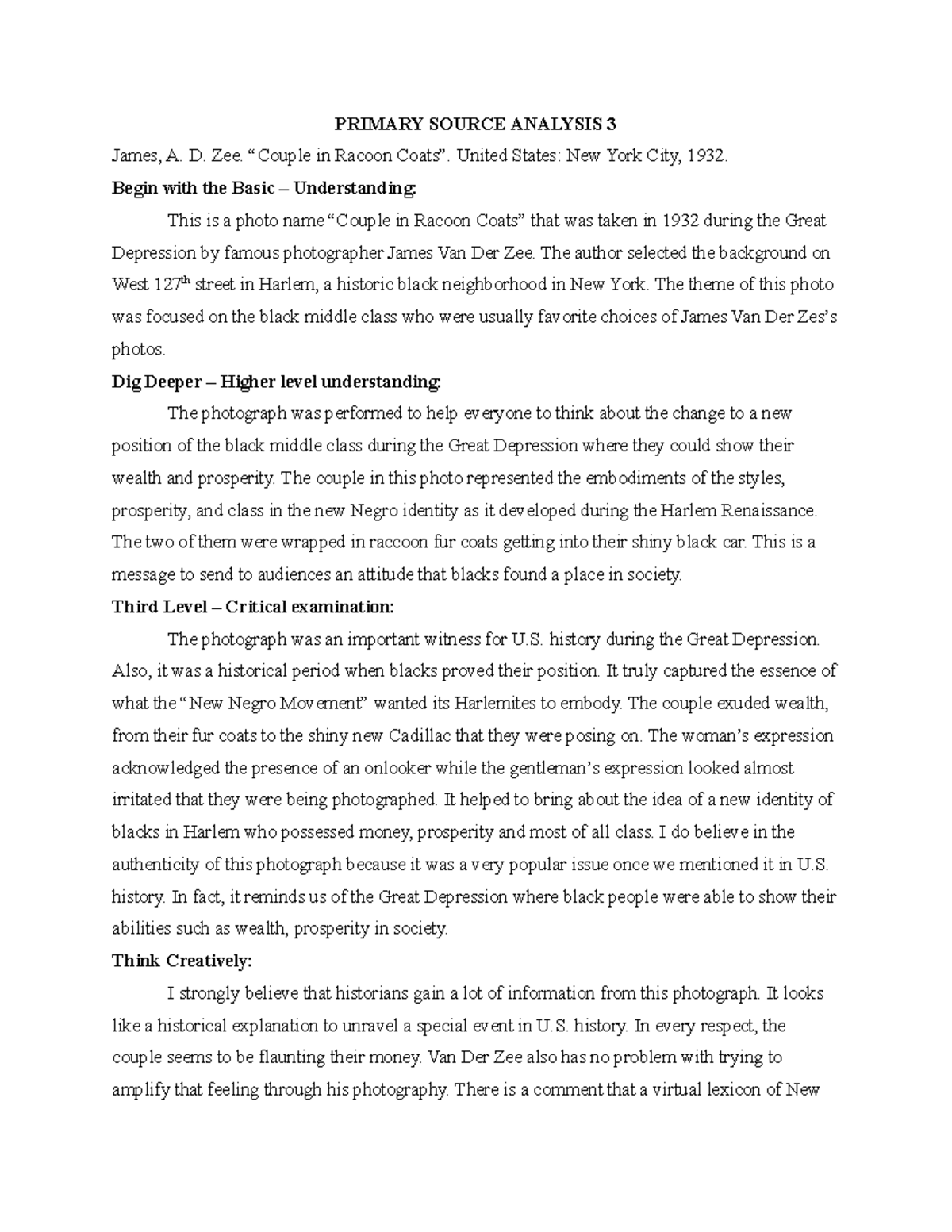 Primary Source Analysis 3 - PRIMARY SOURCE ANALYSIS 3 James, A. D. Zee. “Couple in Racoon Coats ...