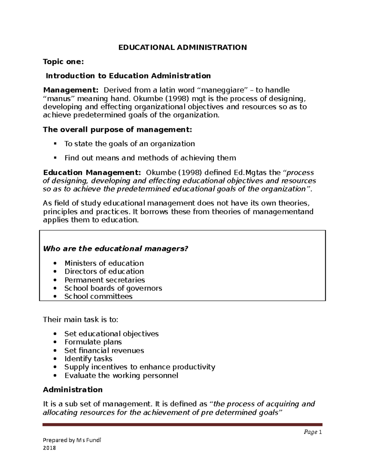 Educational Administration notes (1) - EDUCATIONAL ADMINISTRATION Topic ...