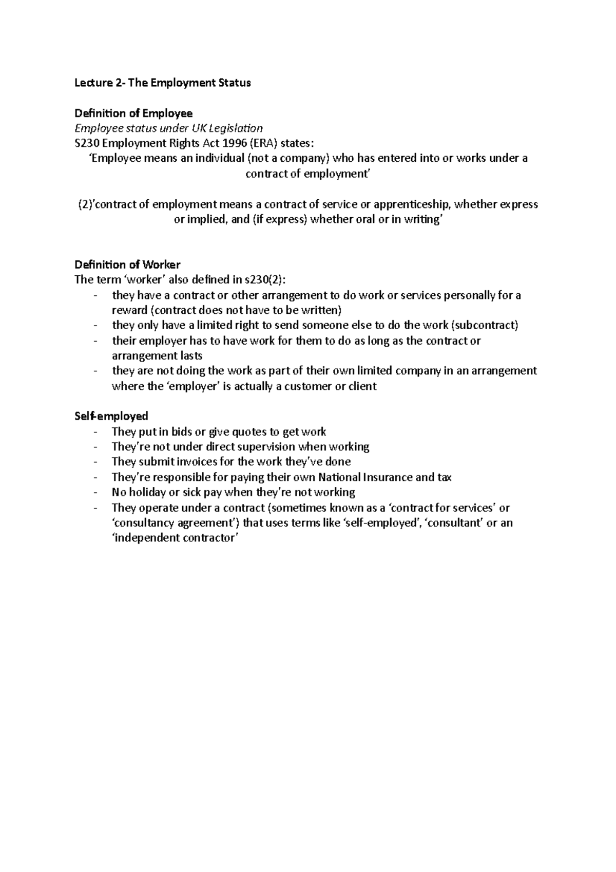 Lecture 2- Employment Status - Lecture 2- The Employment Status ...