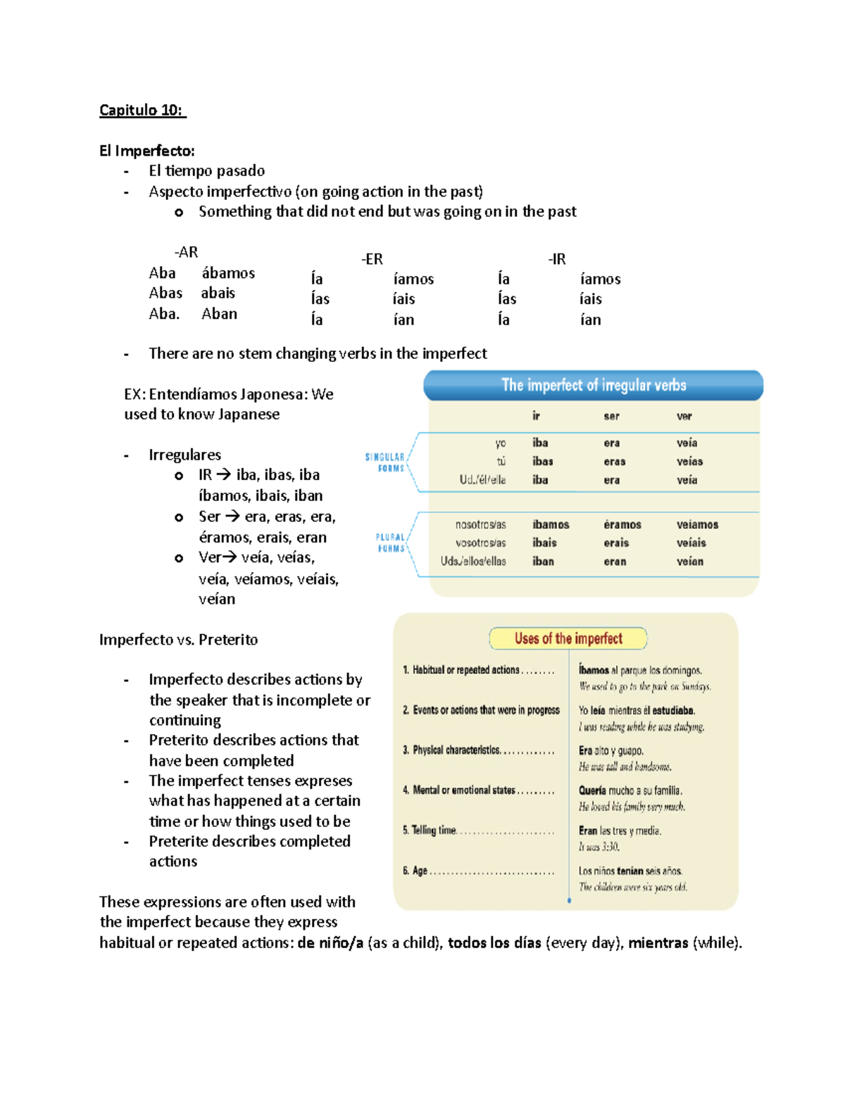 Chapter 10 Notes - Capitulo 10: El Imperfecto: - El tiempo pasado ...