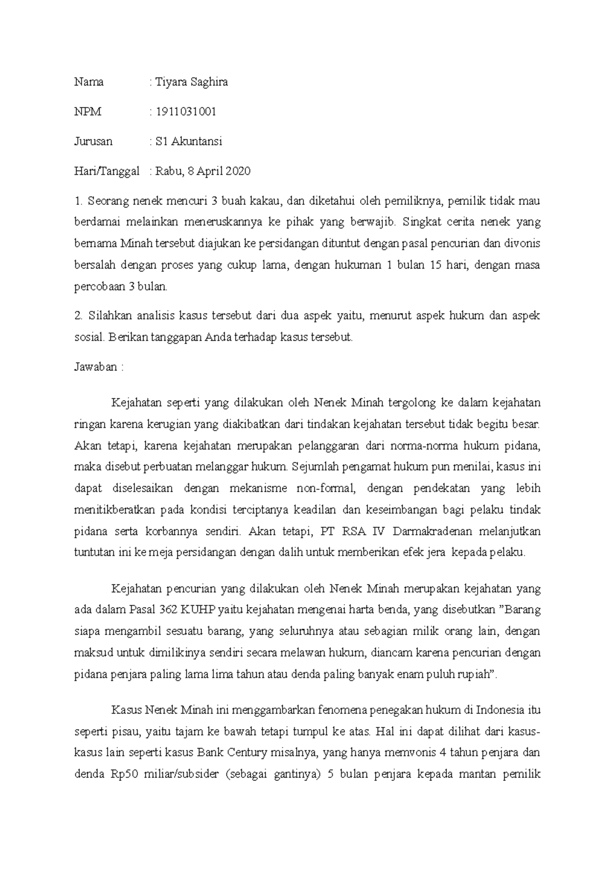 Tiyara Saghira Studi Kasus Hukum Sosial - Nama : Tiyara Saghira NPM ...