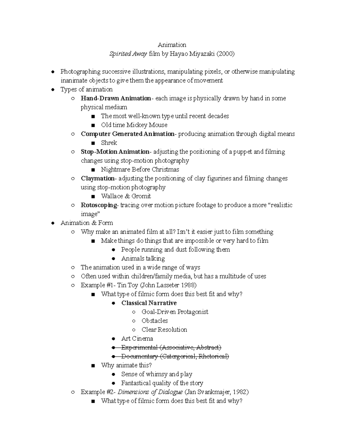 FILM 114 Lecture 12 Notes - Animation Spirited Away film Hayao Miyazaki ...