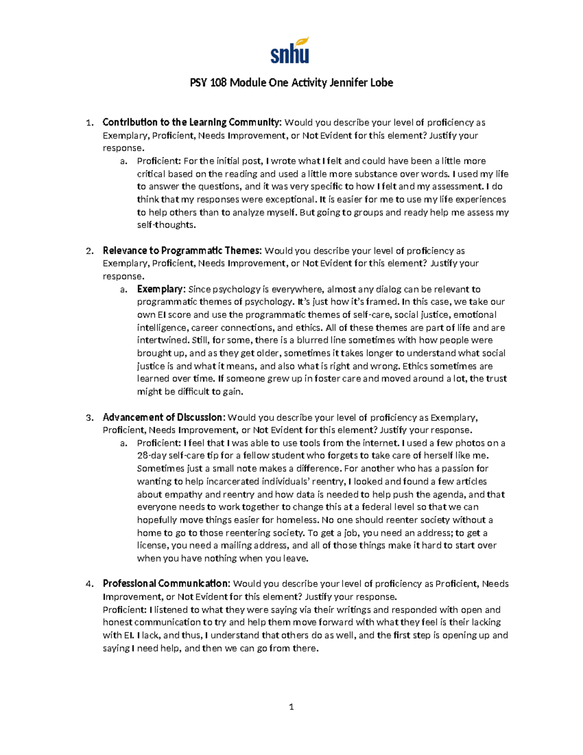 PSY 108 Module One Activity Jennifer Lobe - a. Proficient: For the ...
