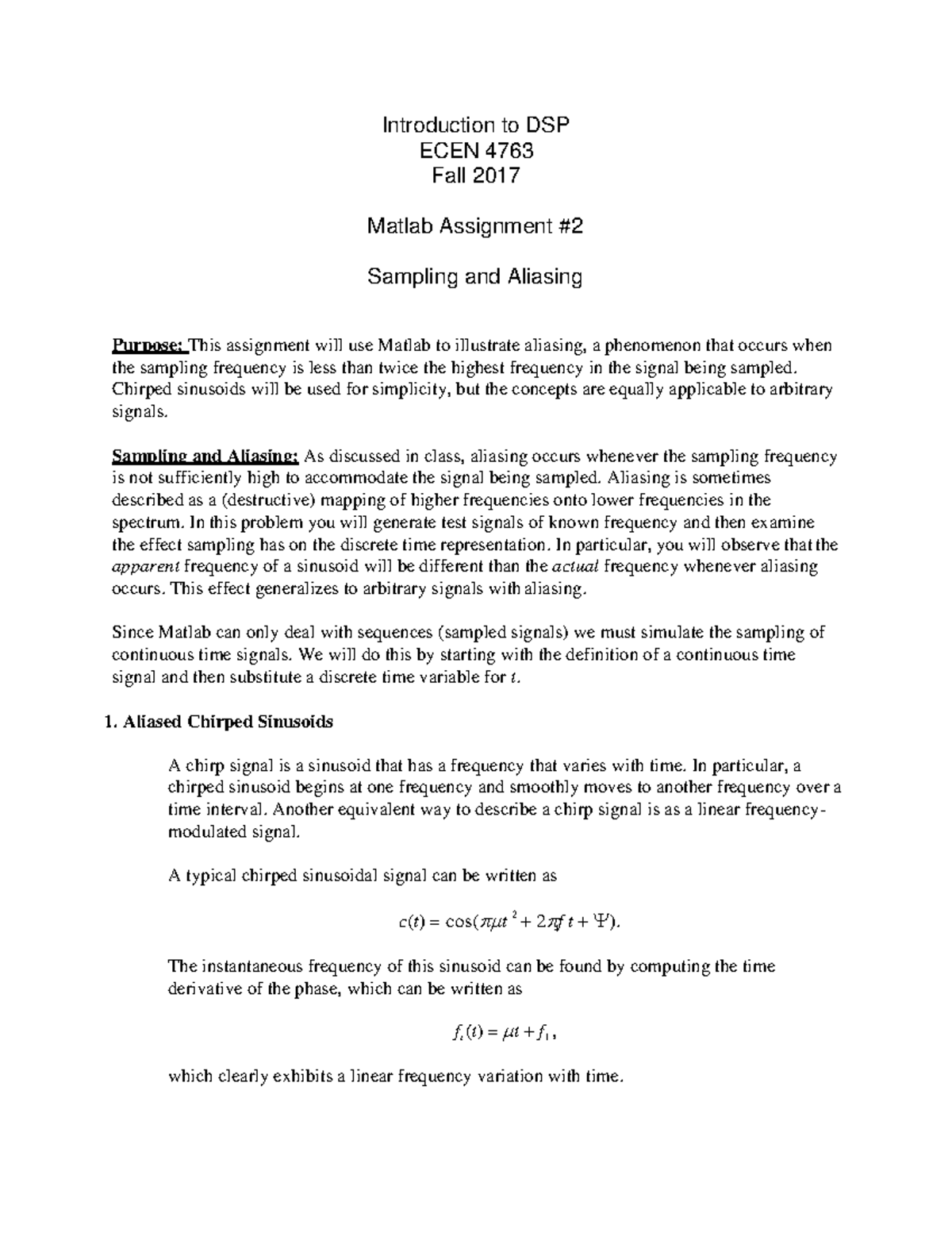 Matlab Assignment 2 (Questions only) - Introduction to DSP ECEN 4763 Fall 2017 Matlab Assignment ...