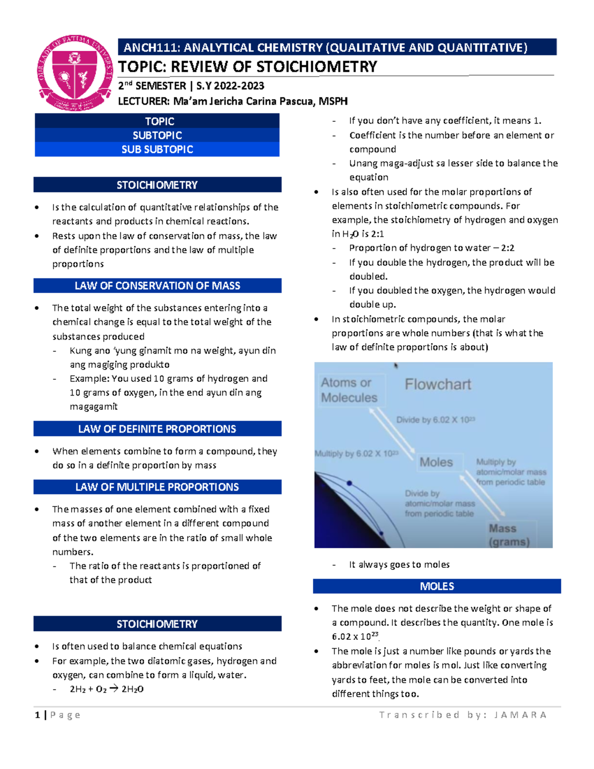 Lesson 3 - Review OF Stoichiometry - TOPIC SUBTOPIC SUB SUBTOPIC ...