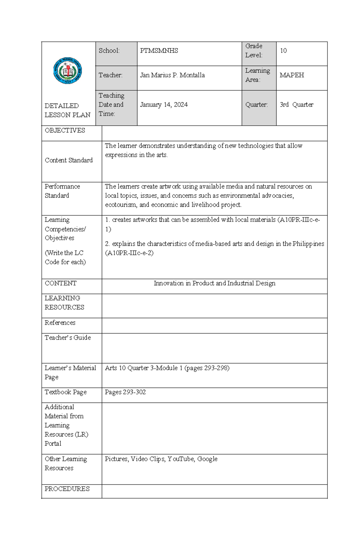 Innovation in Product and Industrial Design - DETAILED LESSON PLAN ...