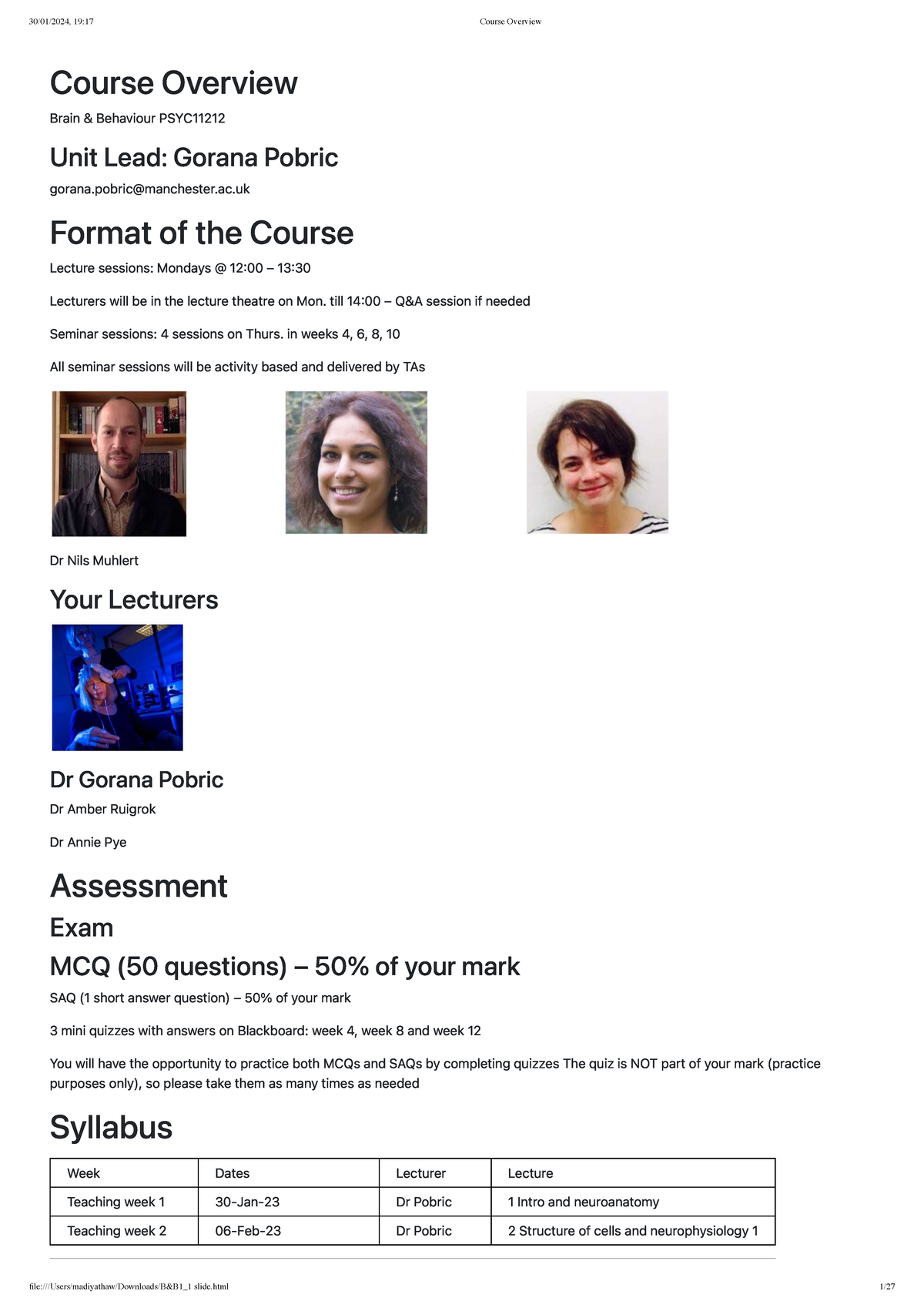 B&B week 1 - Course Overview Brain & Behaviour PSYC 11212 Unit Lead ...