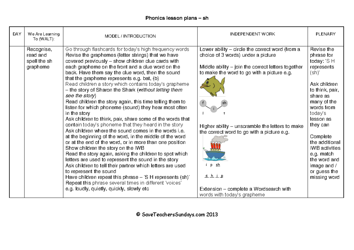 Sh Phonics Lesson Plan using Story For Introduction Phonics Lesson