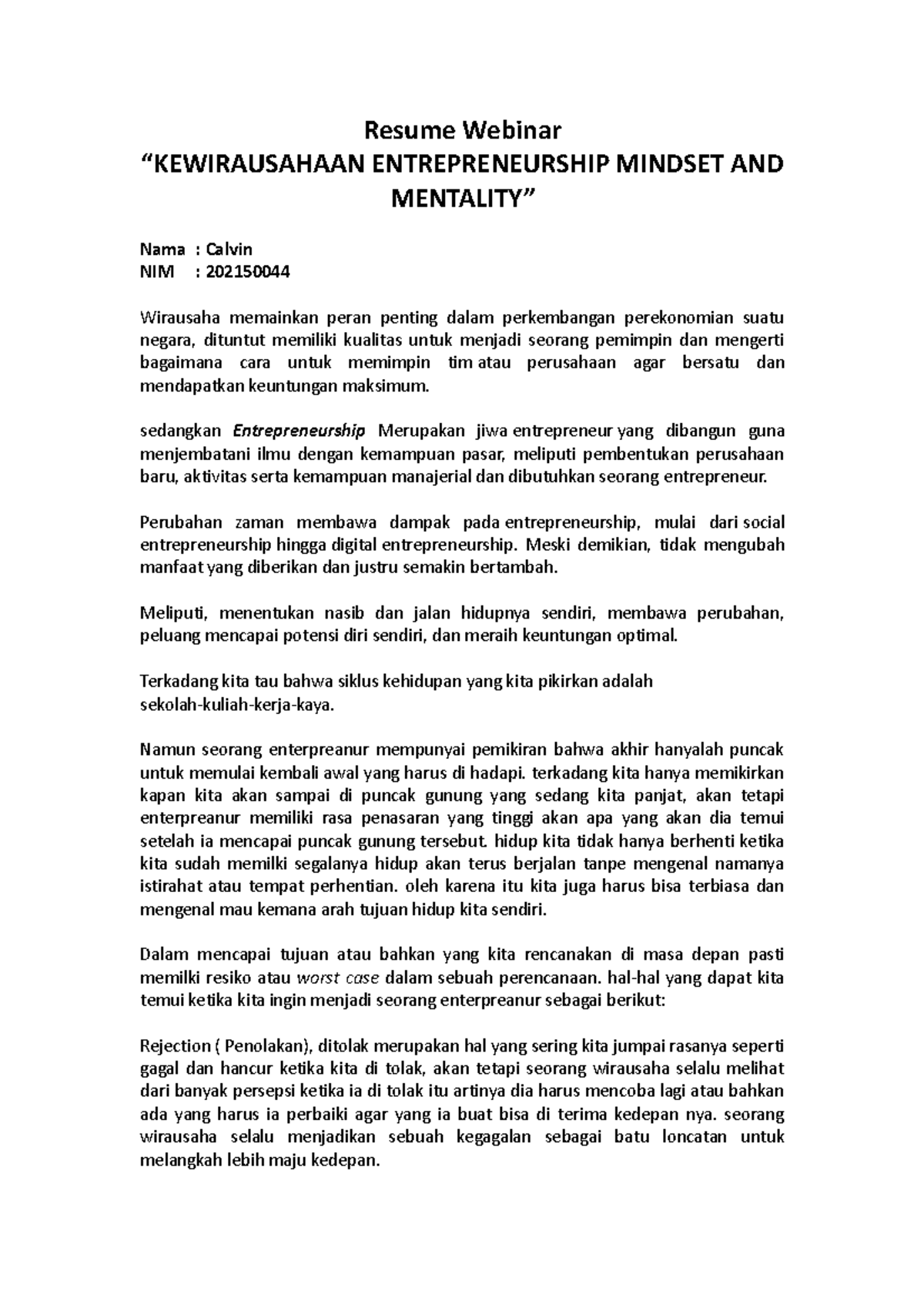 202150044 Calvin Resume Webinar Enterpreanurship Kewirausahaan - Resume ...
