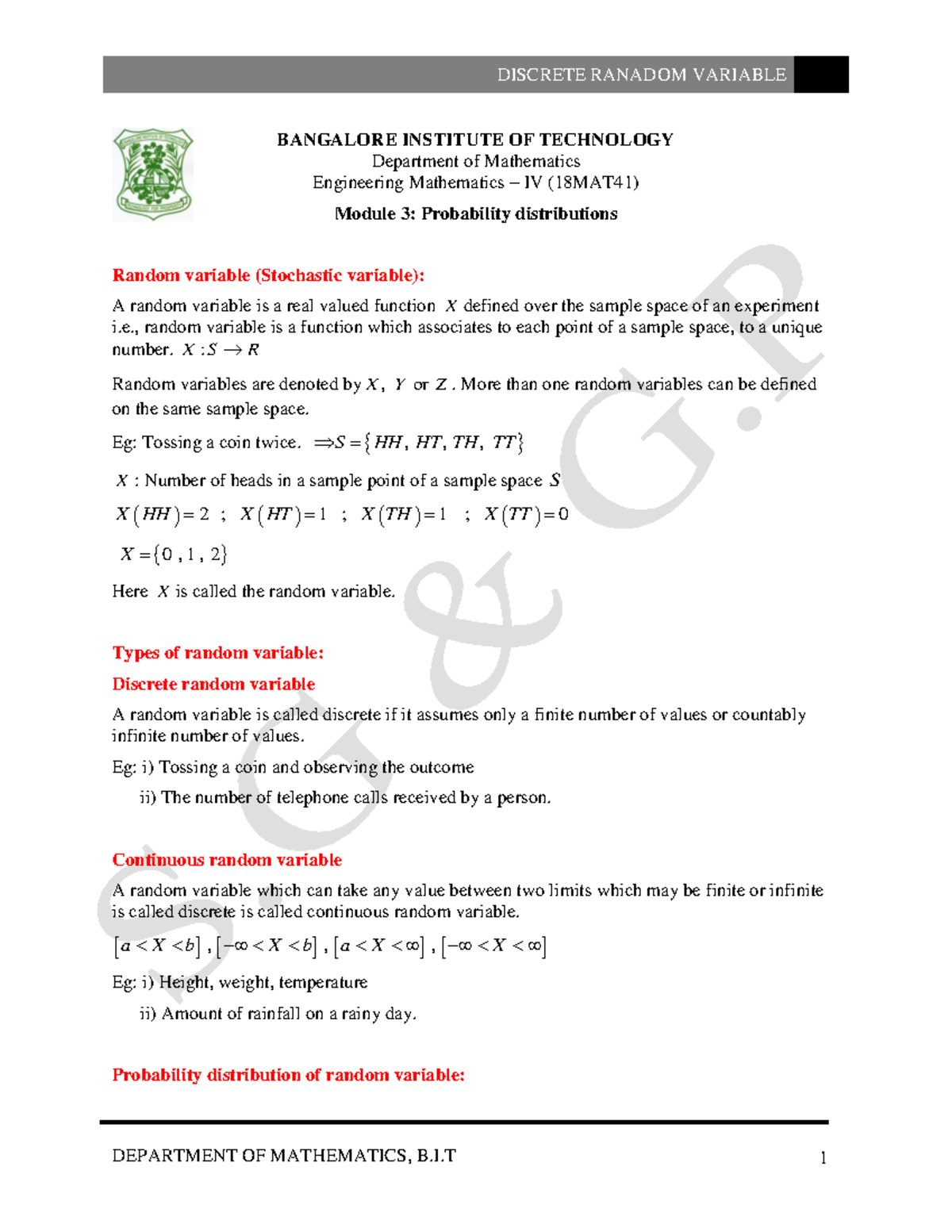 Random variable, DRV - ZXAXA - BANGALORE INSTITUTE OF TECHNOLOGY ...